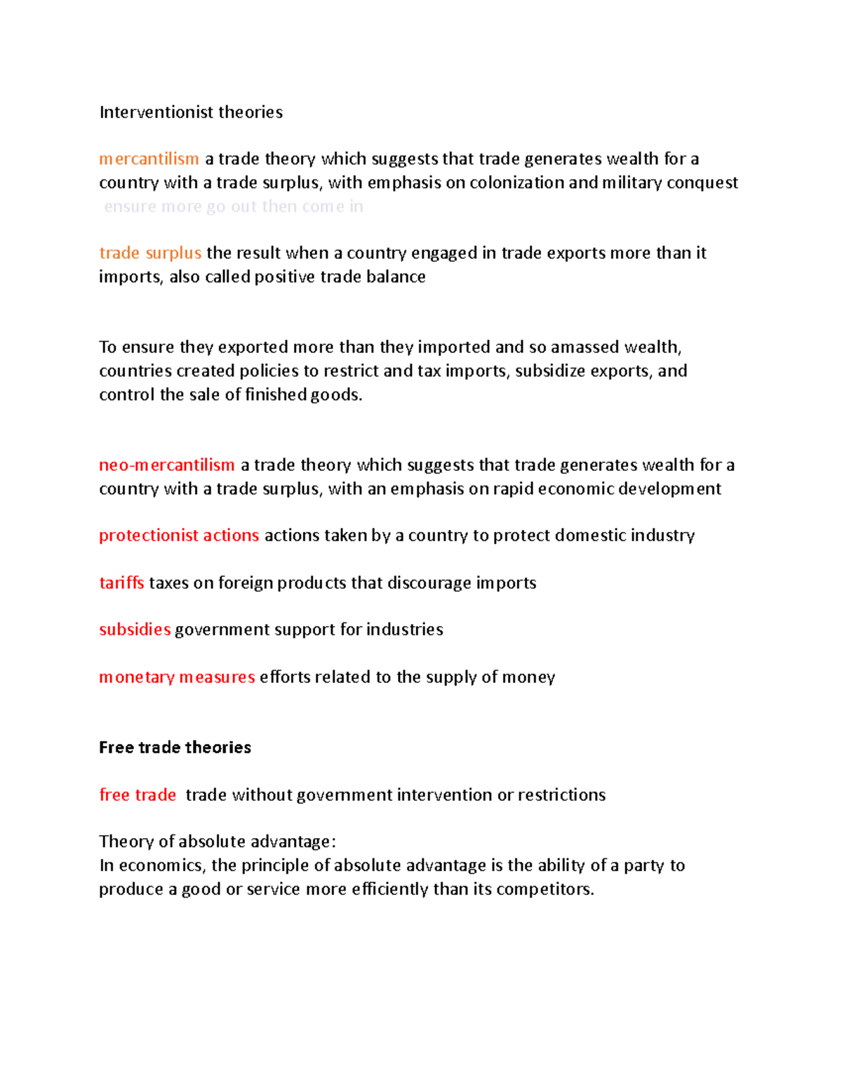 Chapter 6 summary - Interventionist theories mercantilism a trade ...