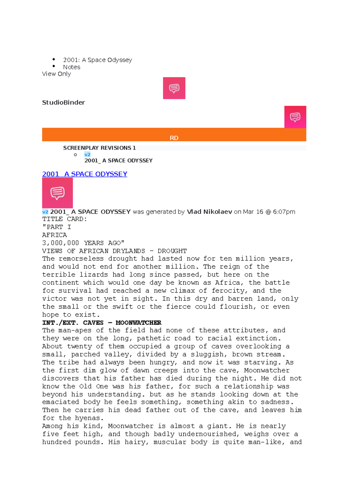 Ad Astr1 - 2001: A Space Odyssey Notes View Only StudioBinder RD ...