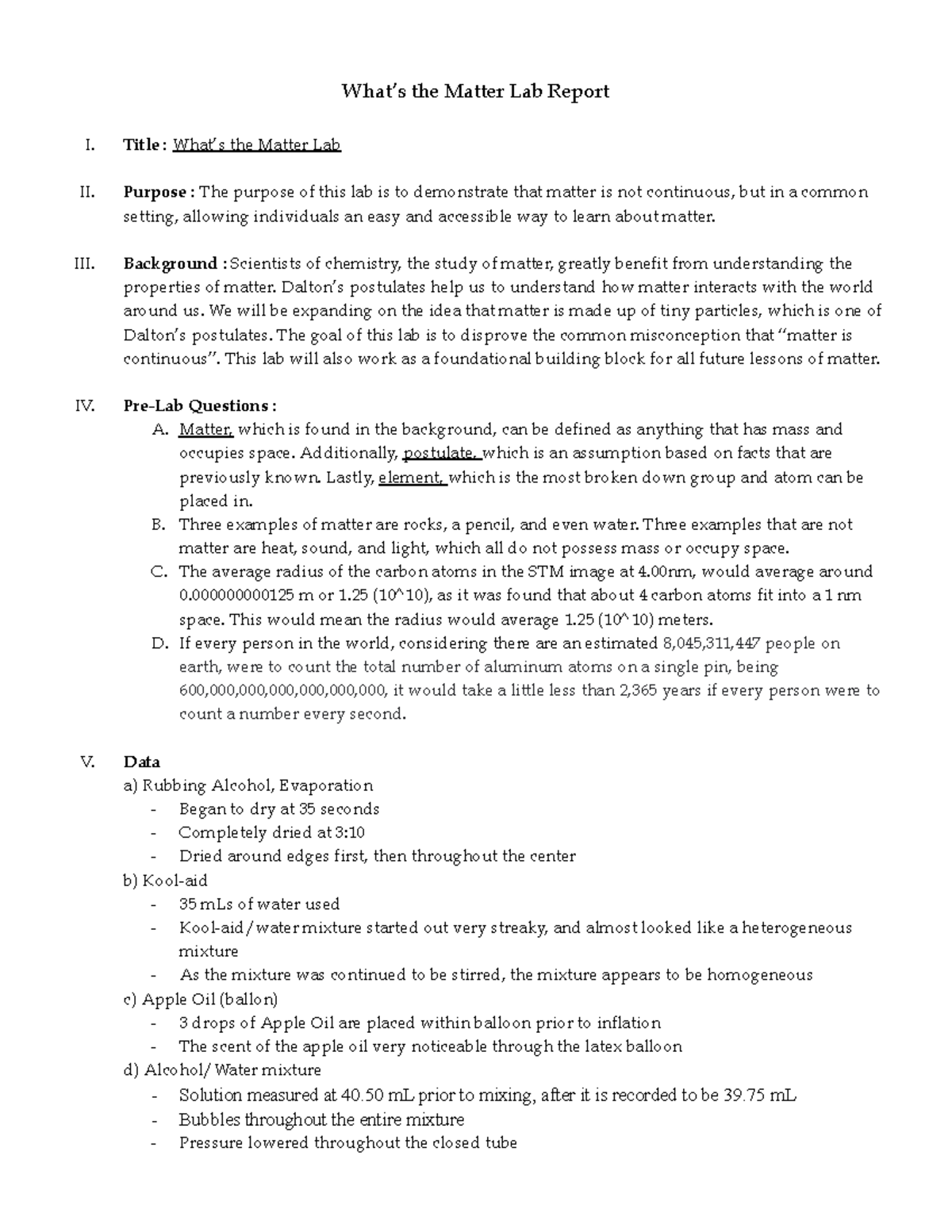 What’s the Matter Lab Report - Title : What’s the Matter Lab II ...
