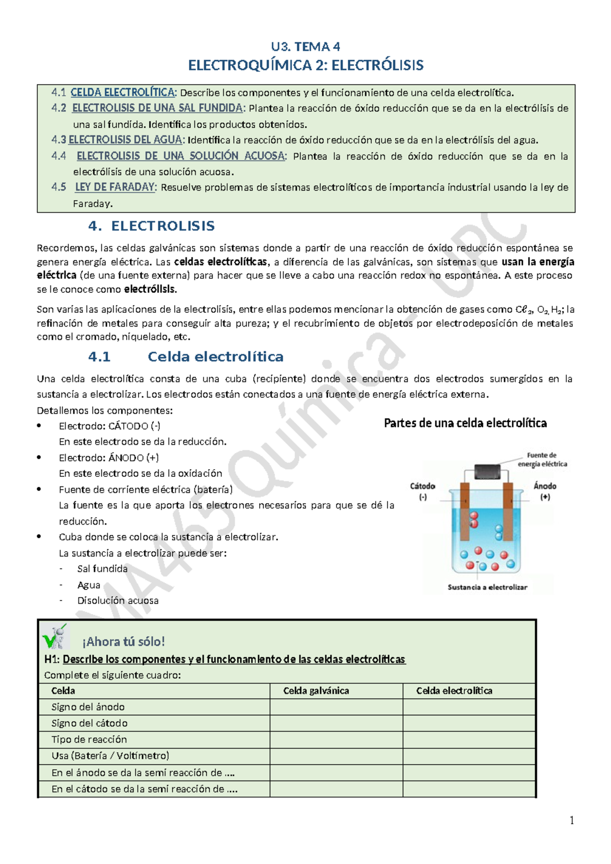 Electroquimica II (1) Modificado - U3. TEMA 4 ELECTROQUÍMICA 2: ELECTRÓLISIS ####### 4 CELDA ...