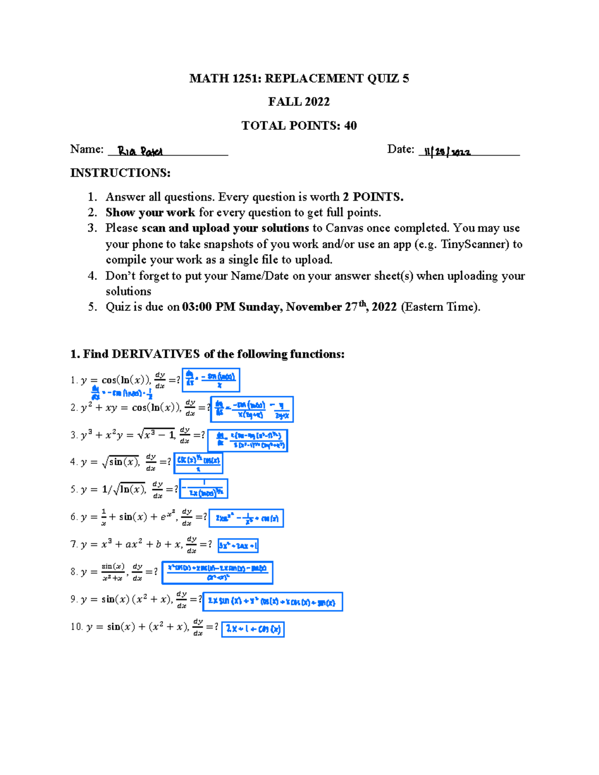 Quiz 5 replacement - documents - ####### MATH 1251: REPLACEMENT QUIZ 5 ...