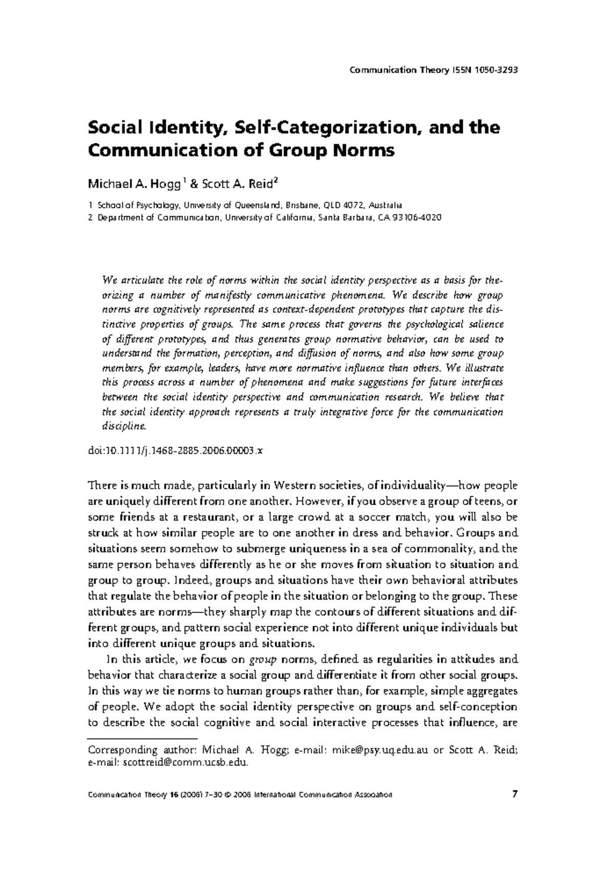 Social Identity, Self-Categorization, and the Communication of Group ...