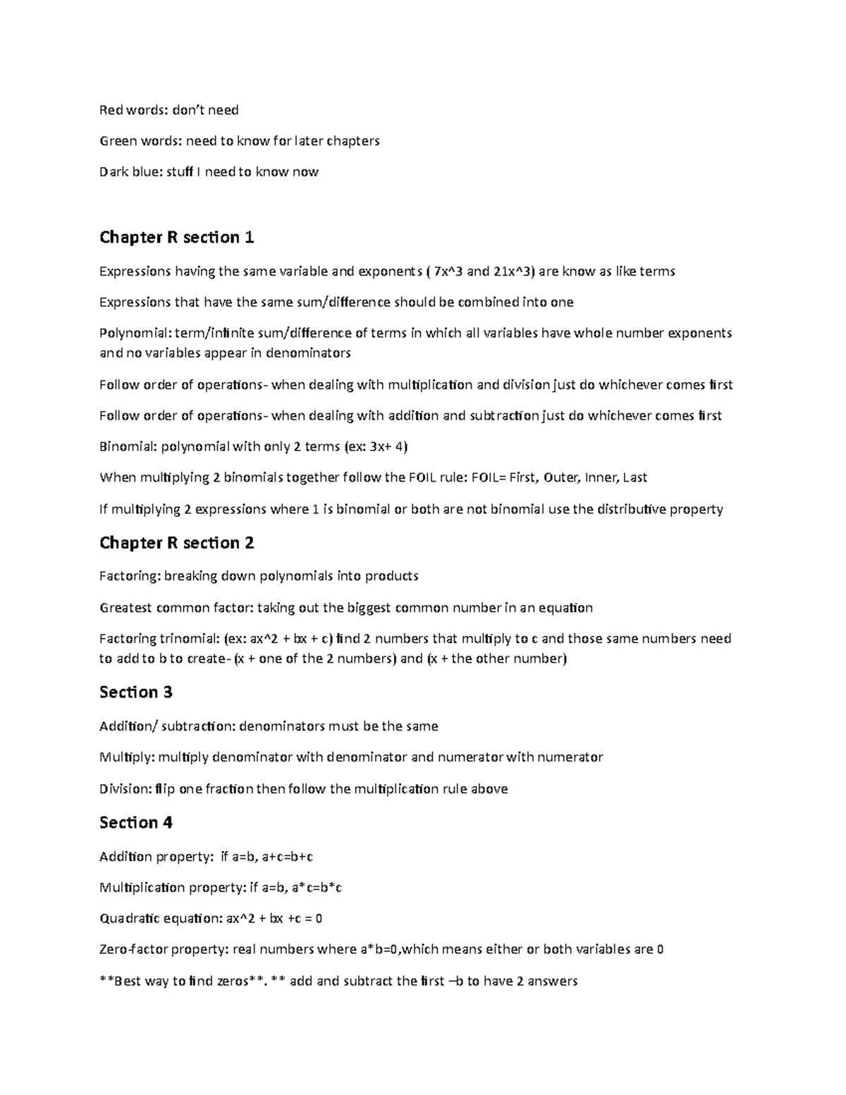 Chapter R - Red words: don’t need Green words: need to know for later chapters Dark blue: stuff ...