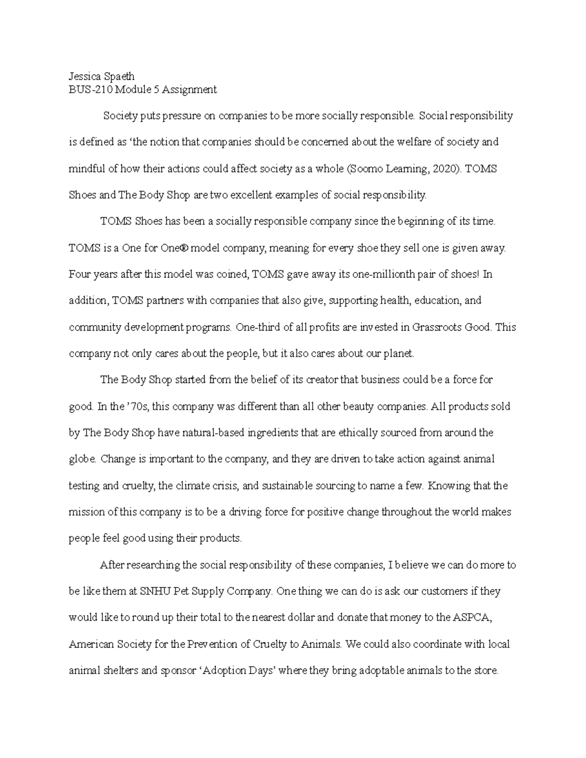 BUS-210 5-3 Assignment Socially Responsible - Jessica Spaeth BUS-210 ...
