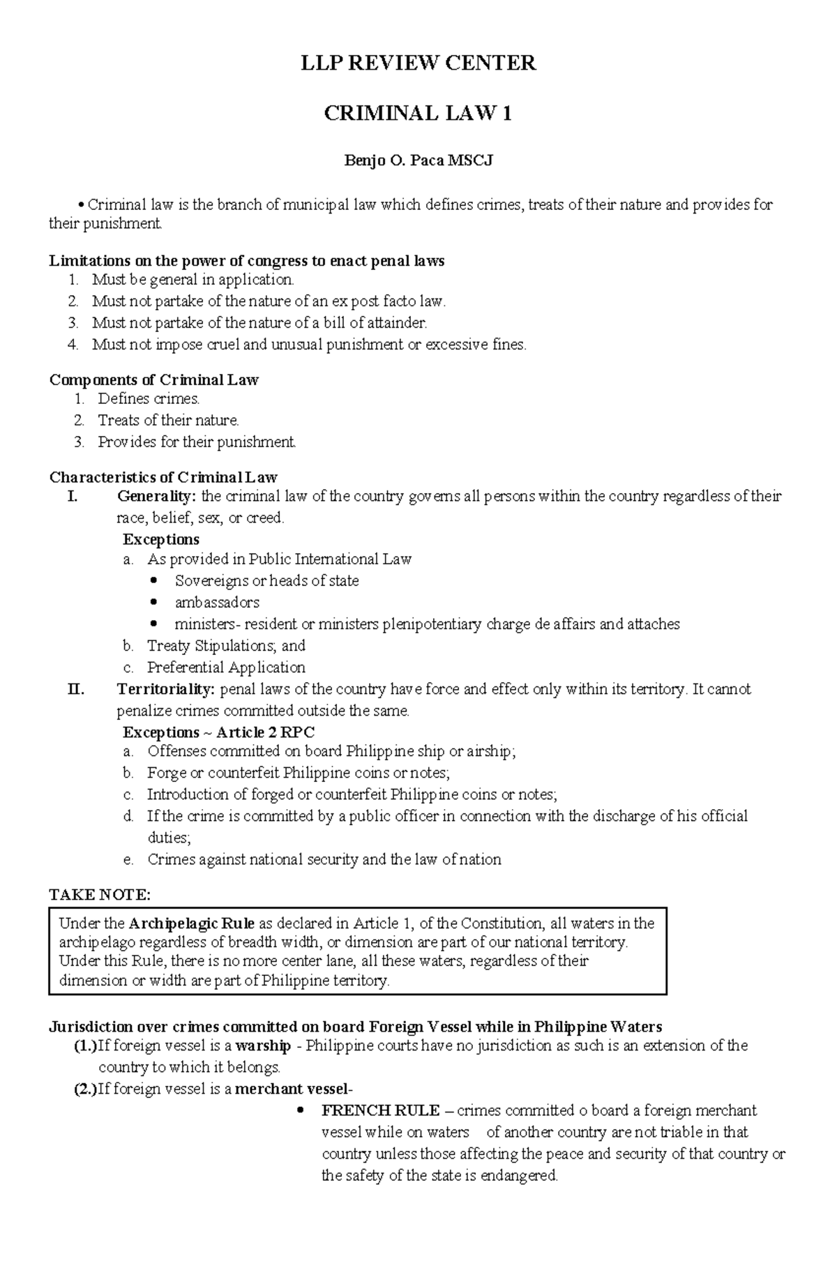 Book-1 - Book-1 - LLP REVIEW CENTER CRIMINAL LAW 1 Benjo O. Paca MSCJ ...