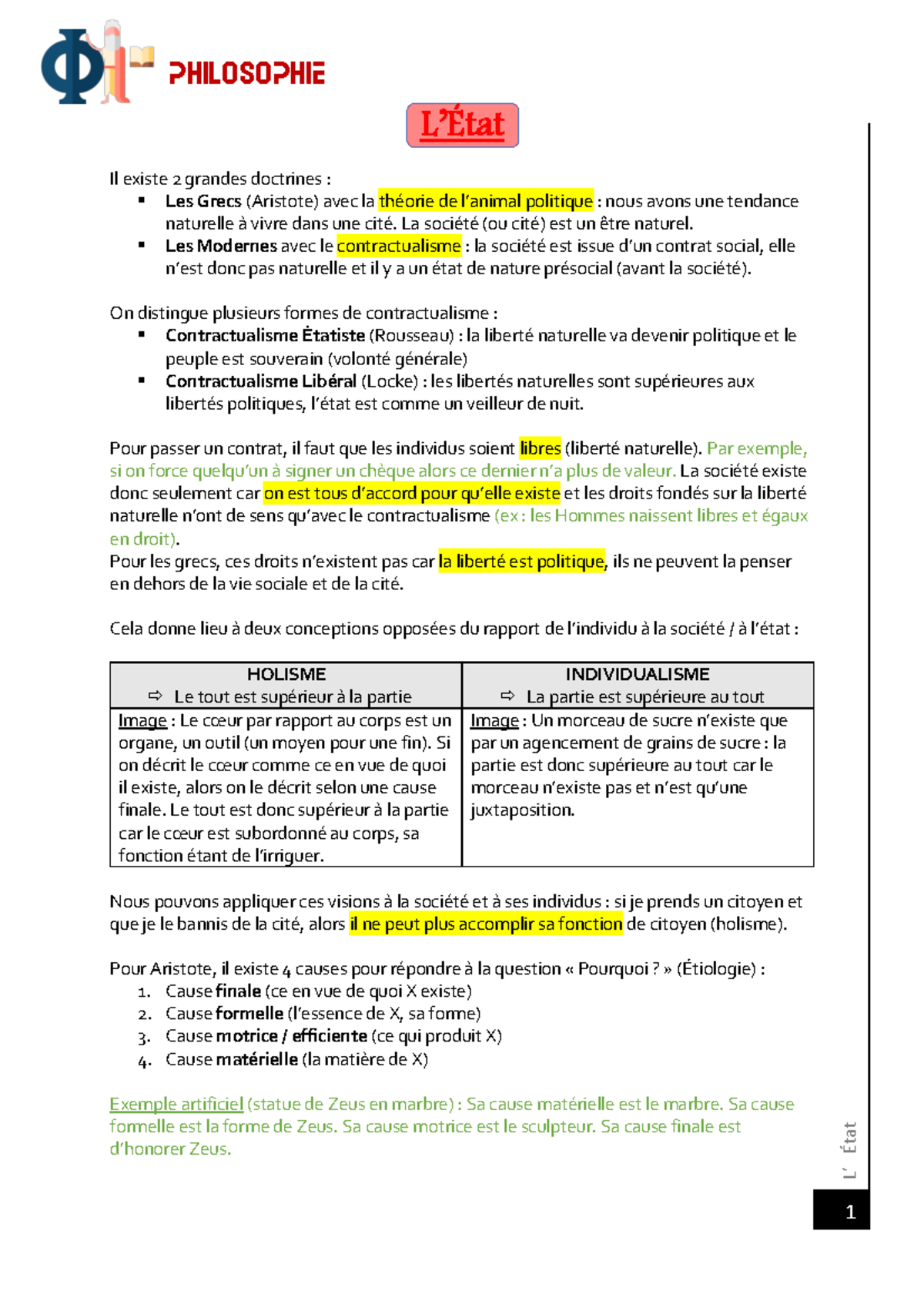 Cours - L'État (Philosophie Tle) - L’ État L’État Il existe 2 grandes doctrines : ! Les Grecs ...