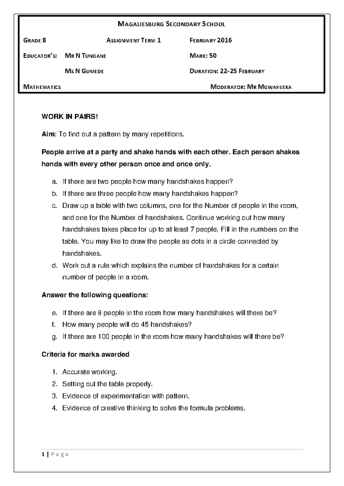 Grade 8 Term 1 Assignment - 1 | P a g e WORK IN PAIRS! Aim: To find out ...