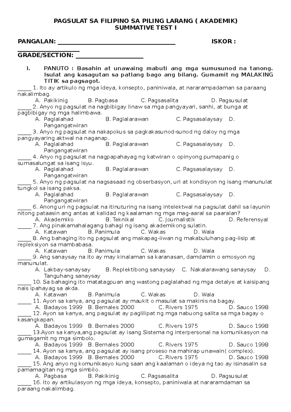 Piling Larang Akademik Summative 1 - PAGSULAT SA FILIPINO SA PILING ...
