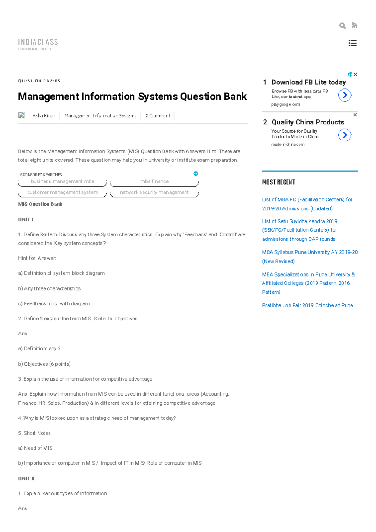 Management Information Systems Question Bank – Indiaclass-1 - QUESTION ...