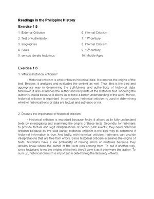 Readings in the Philippine History Exercises 1.1 AND 1 - Readings in ...