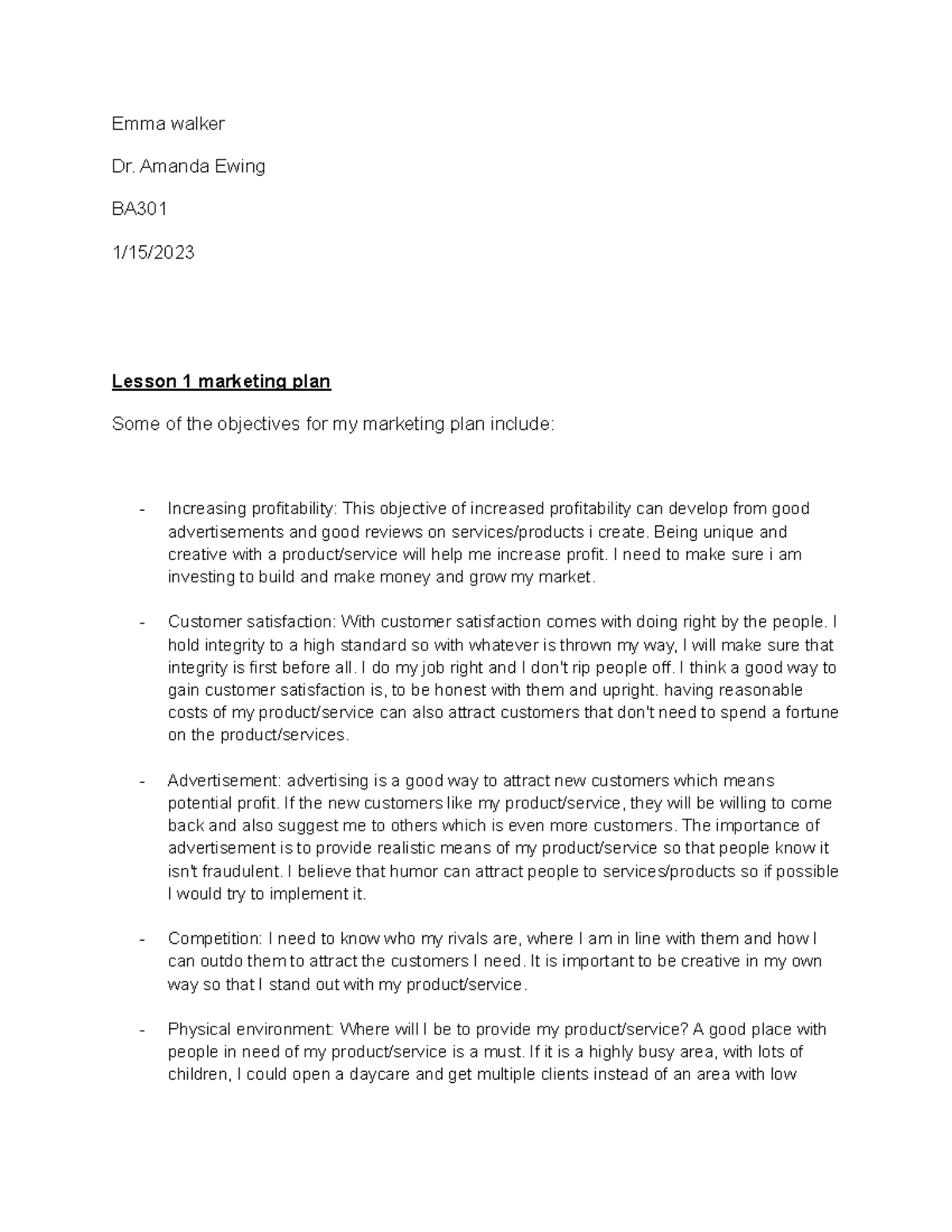 Lesson 1 marketing plan - Emma walker Dr. Amanda Ewing BA 1/15/ Lesson ...