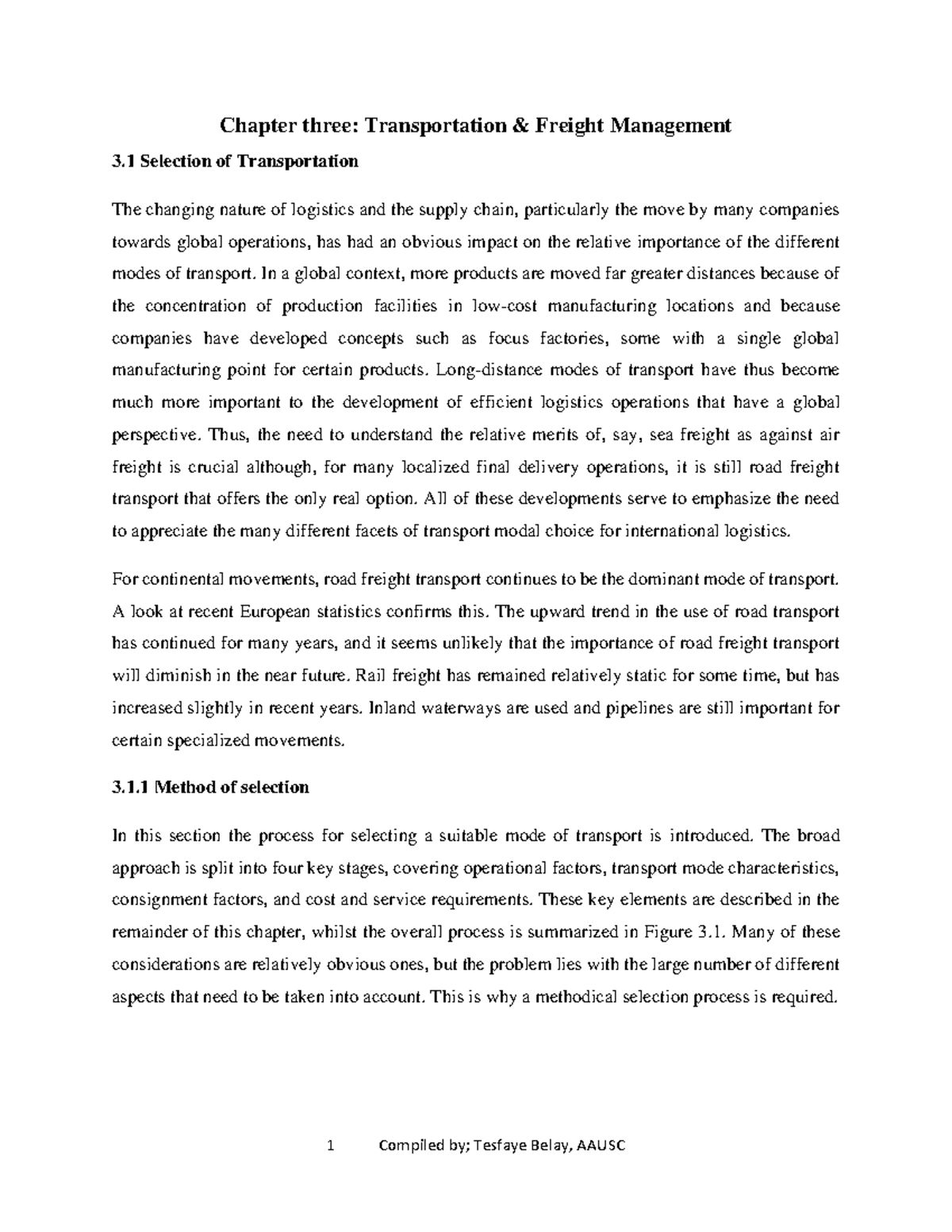 Transport Management 3 Note 72204 - Chapter three: Transportation ...