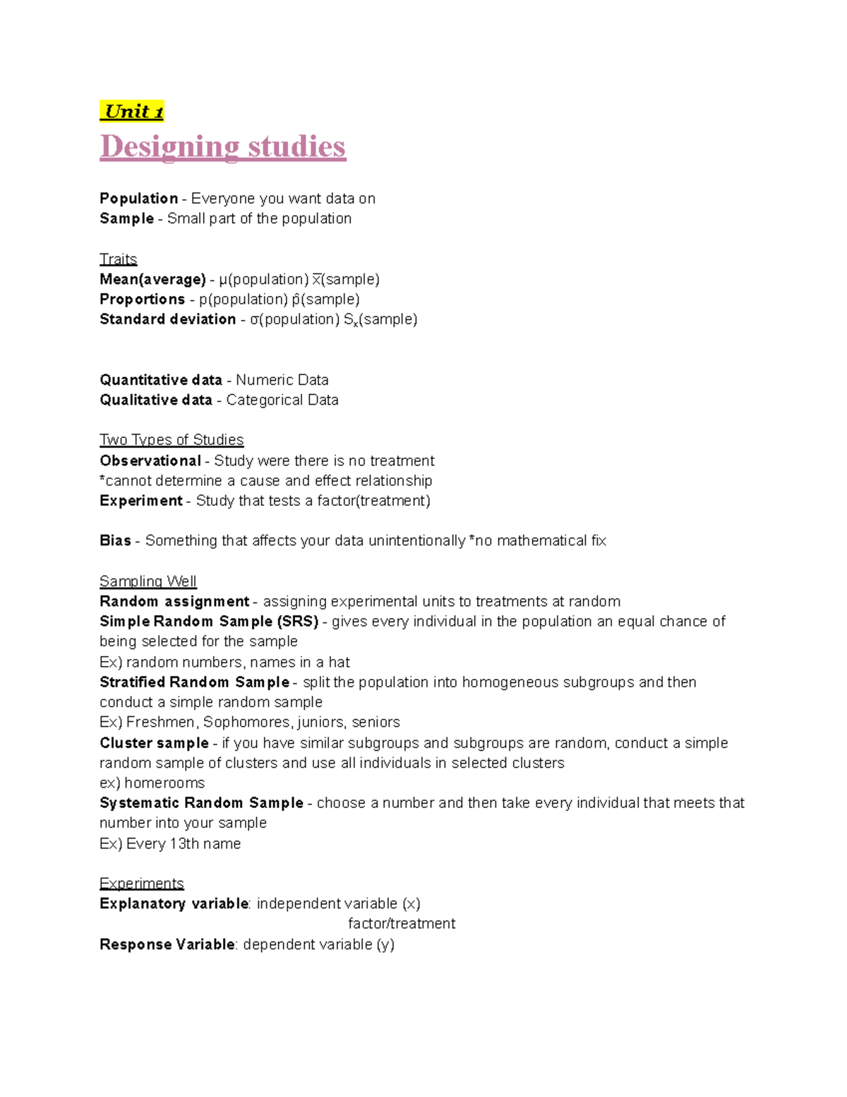 Stats Notes - Unit 1 Designing studies Population - Everyone you want ...