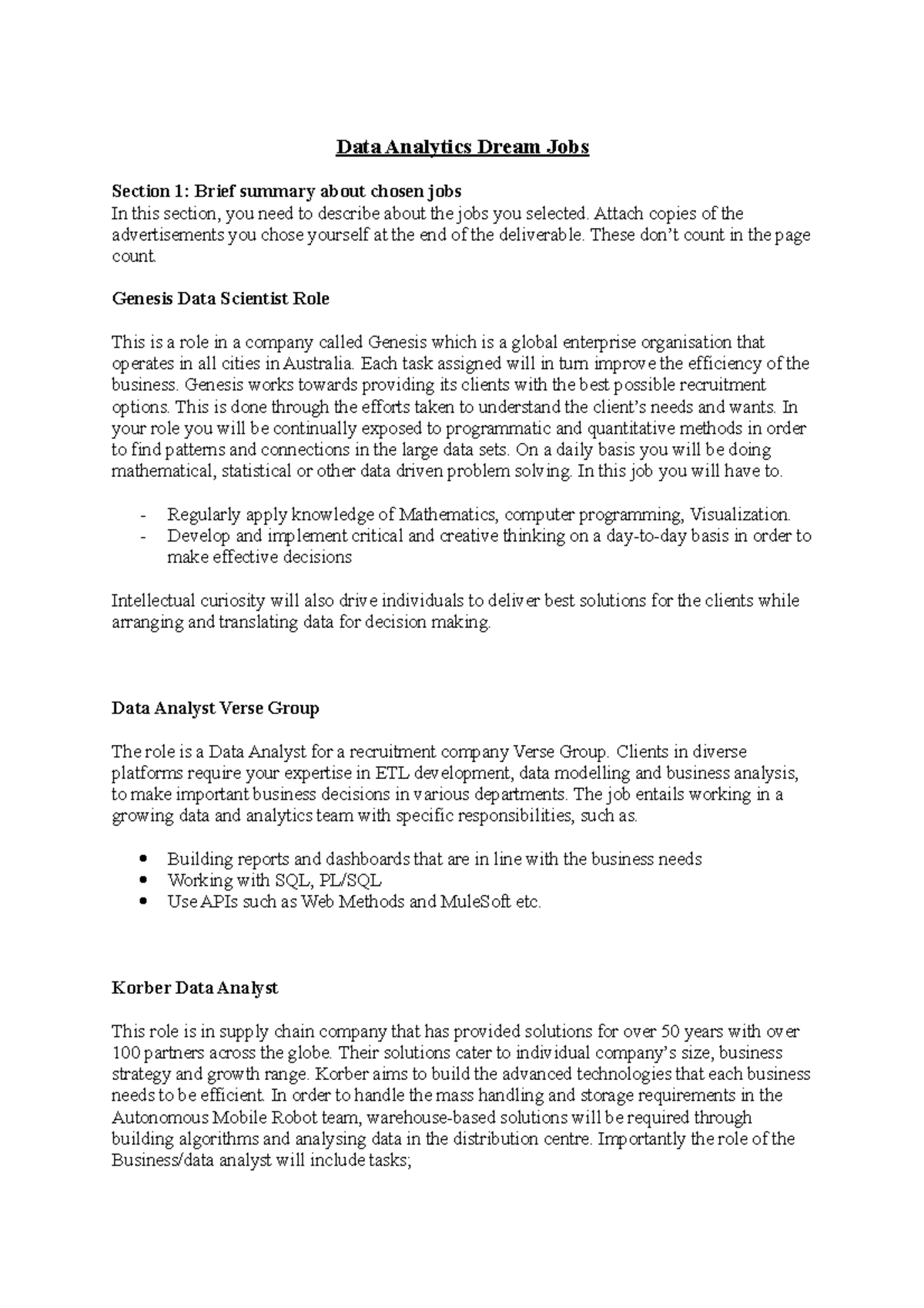 Data Analytics Dream Jobs - Data Analytics Dream Jobs Section 1: Brief ...