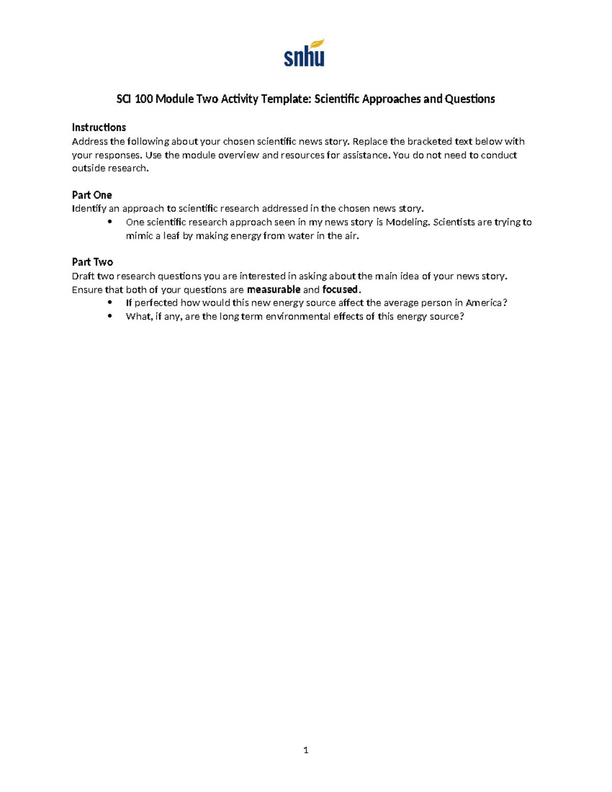 SCI 100 Module Two Activity Template - Replace the bracketed text below ...