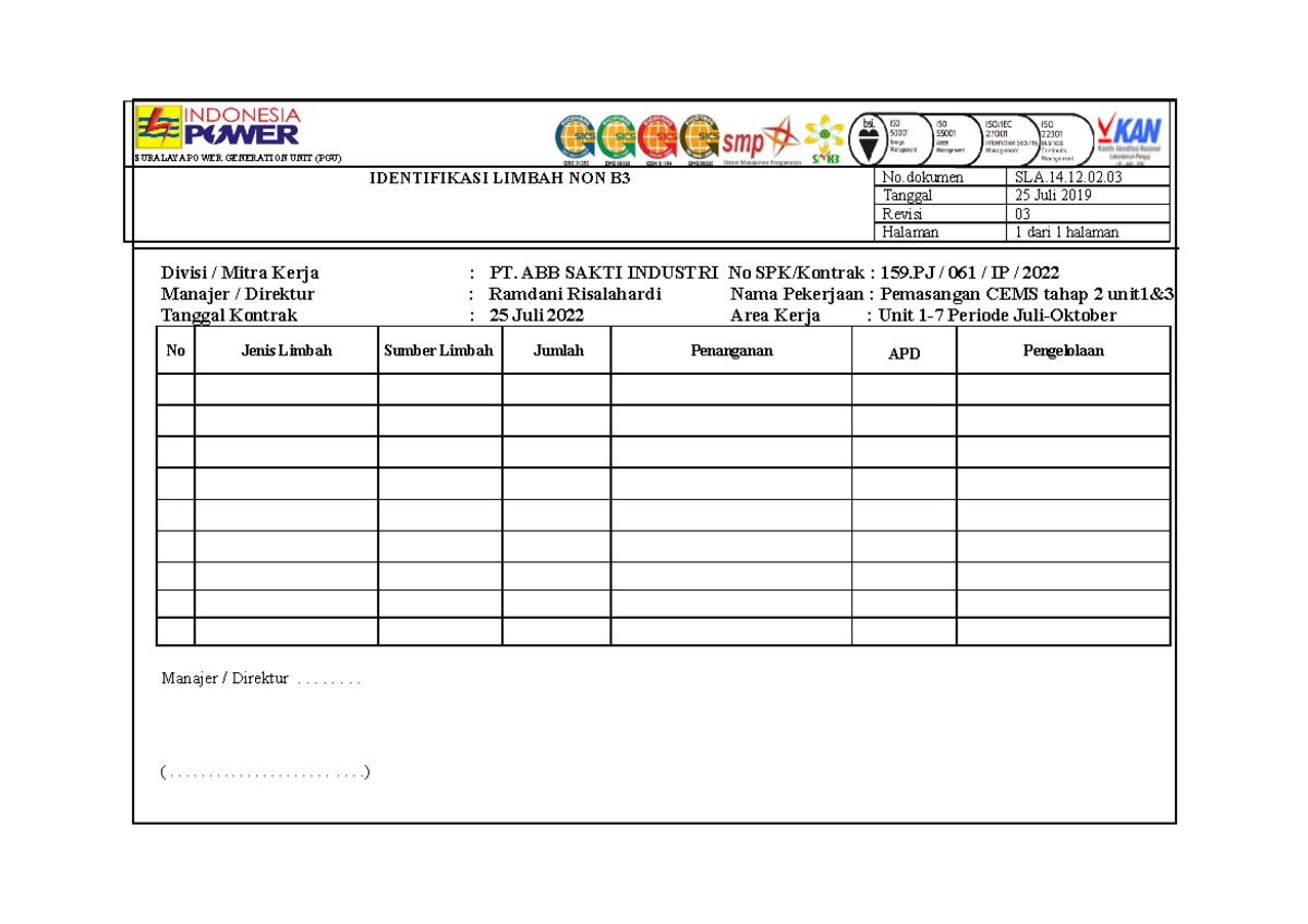 SLA.14.12.02.03 Identifikasi Limbah NON B3 - SURALAYA POWER GENERATION ...