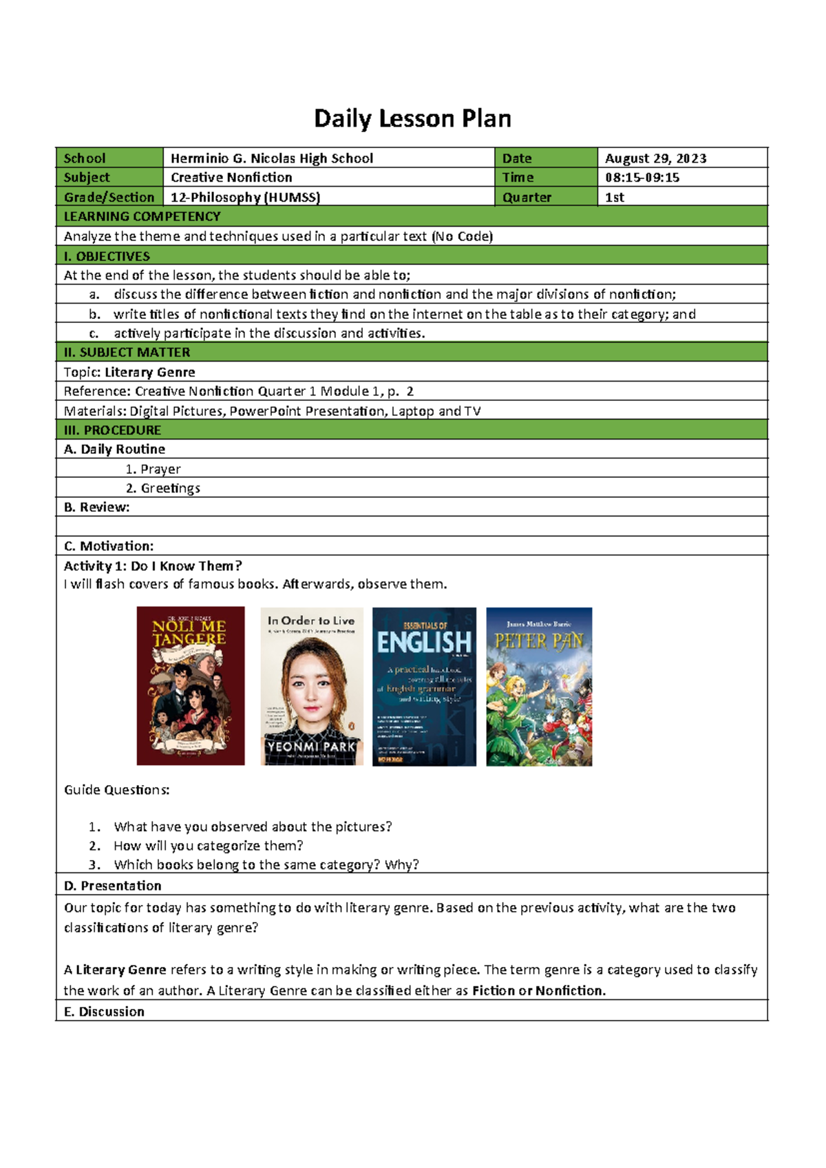 Creative nonfiction quarter 1 week 1 day 1 - Daily Lesson Plan School ...