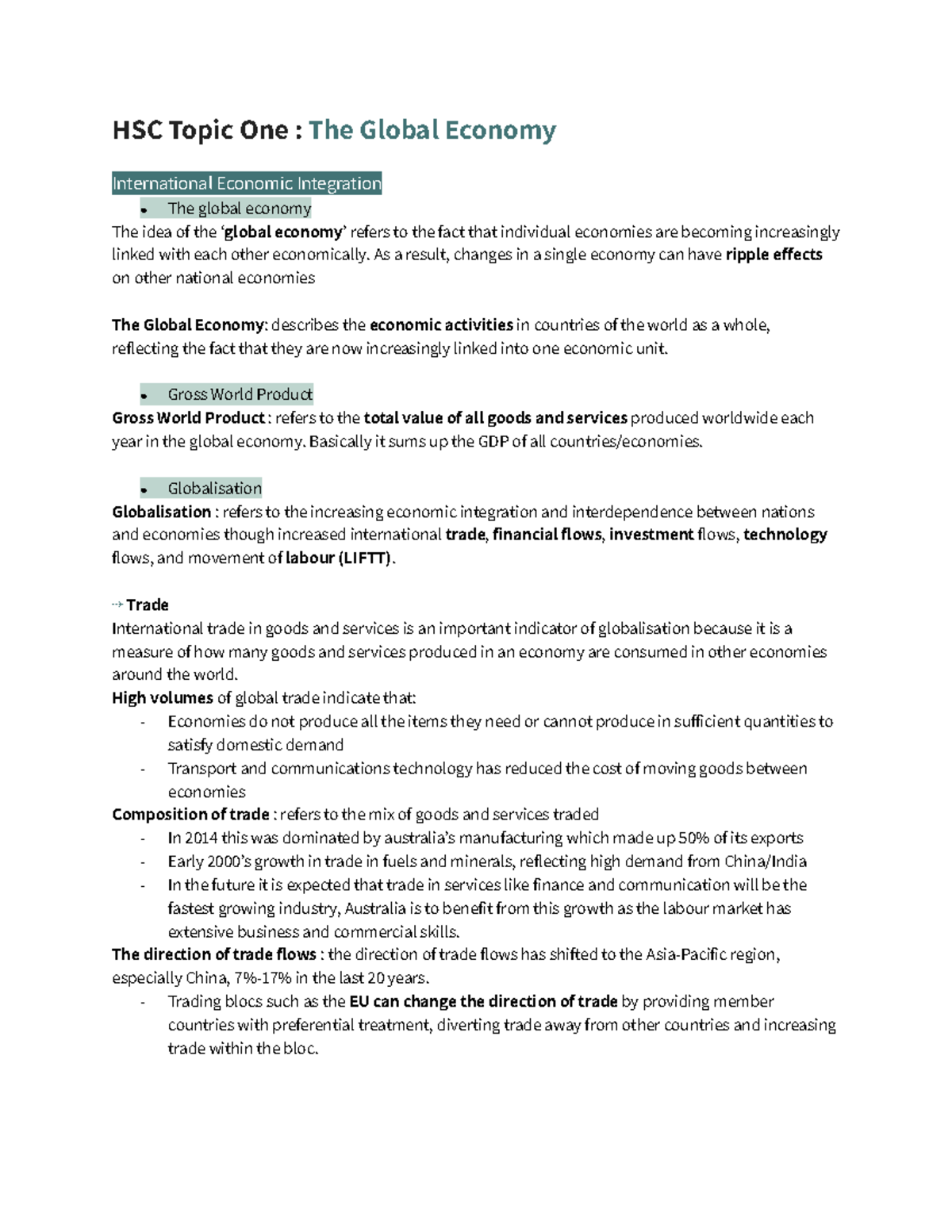 Year 12 Economics Topic 1 - HSC Topic One :The Global Economy ...