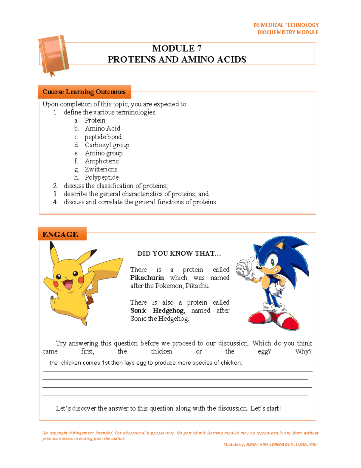 Module 7 Proteins - Lecture notes lec 7 - BIOCHEMISTRY MODULE No ...