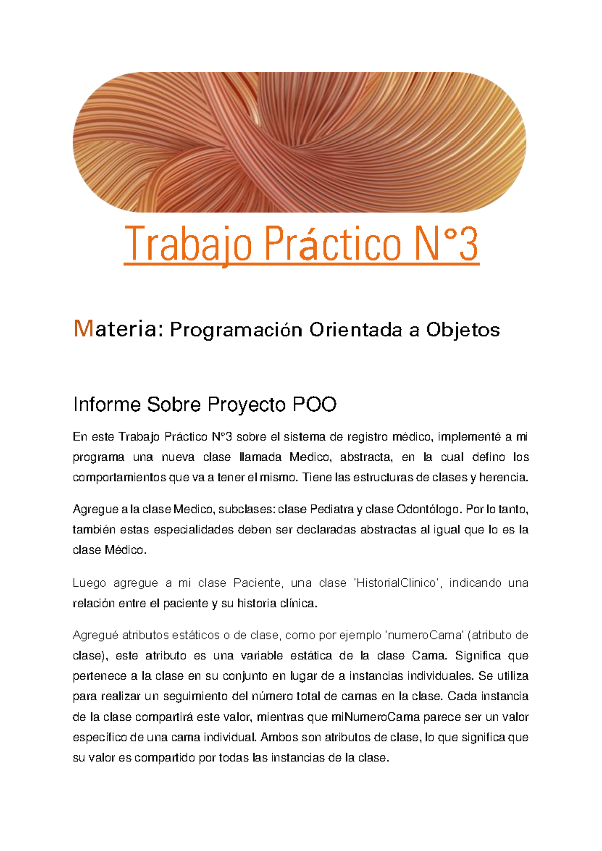 Trabajo Práctico N°3 - Trabajo Práctico N° 3 Materia: Programación Orientada a Objetos Informe ...