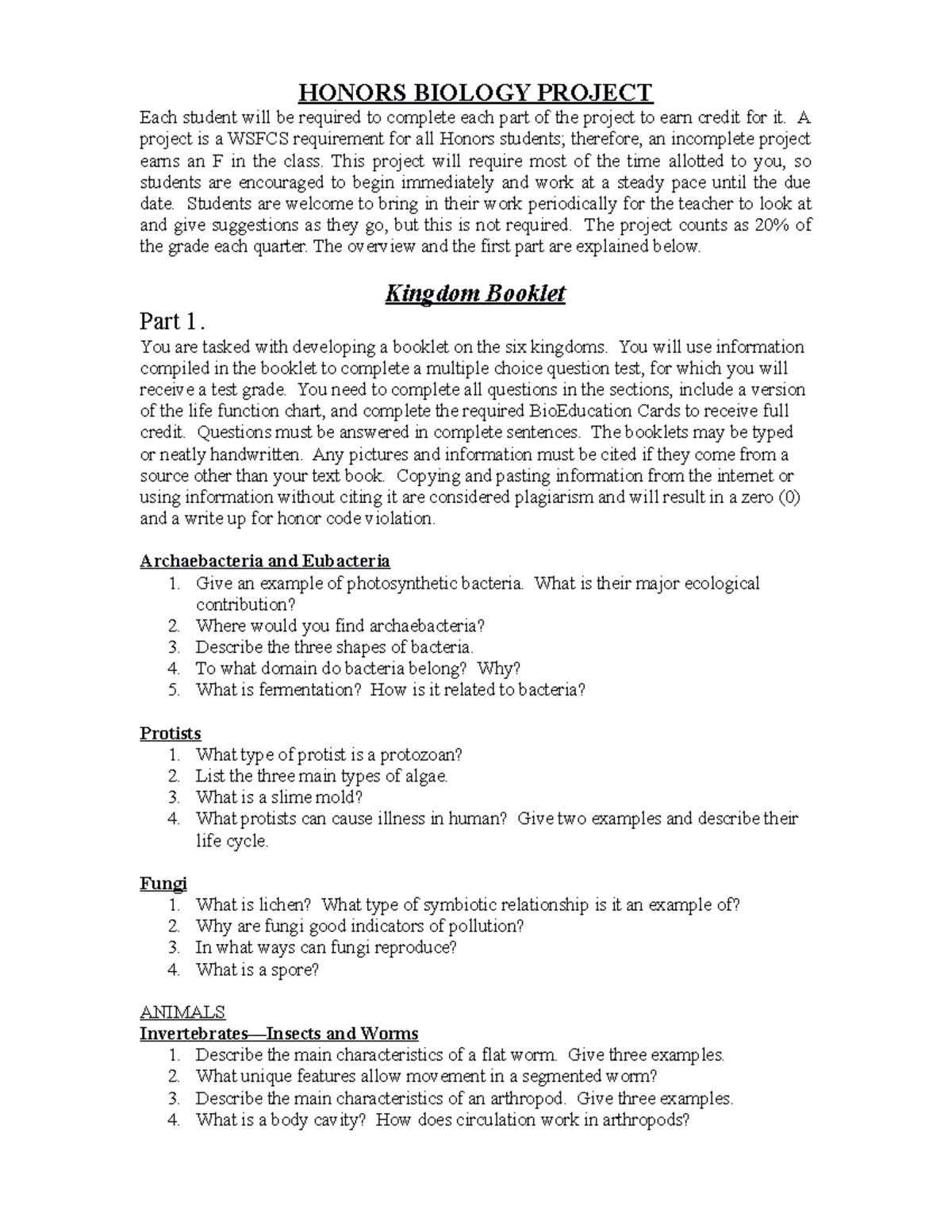 Classification project details - HONORS BIOLOGY PROJECT Each student ...