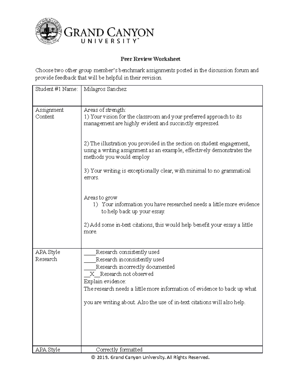 Peer review work sheet 1 Sanchez - ELM-250 - GCU - Studocu
