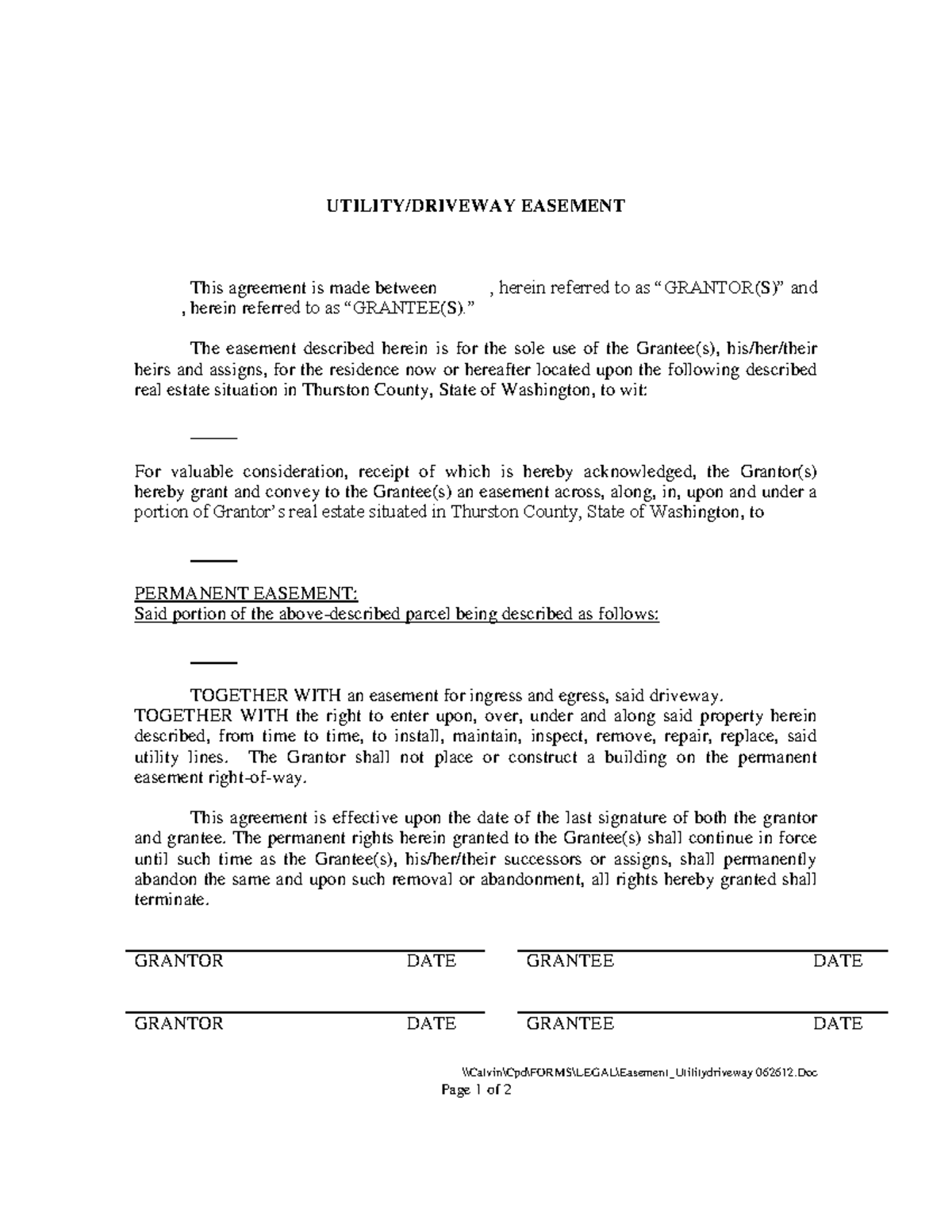 Utility Driveway Easement Agreement - \Calvin\Cpd\FORMS\LEGAL\Easement ...