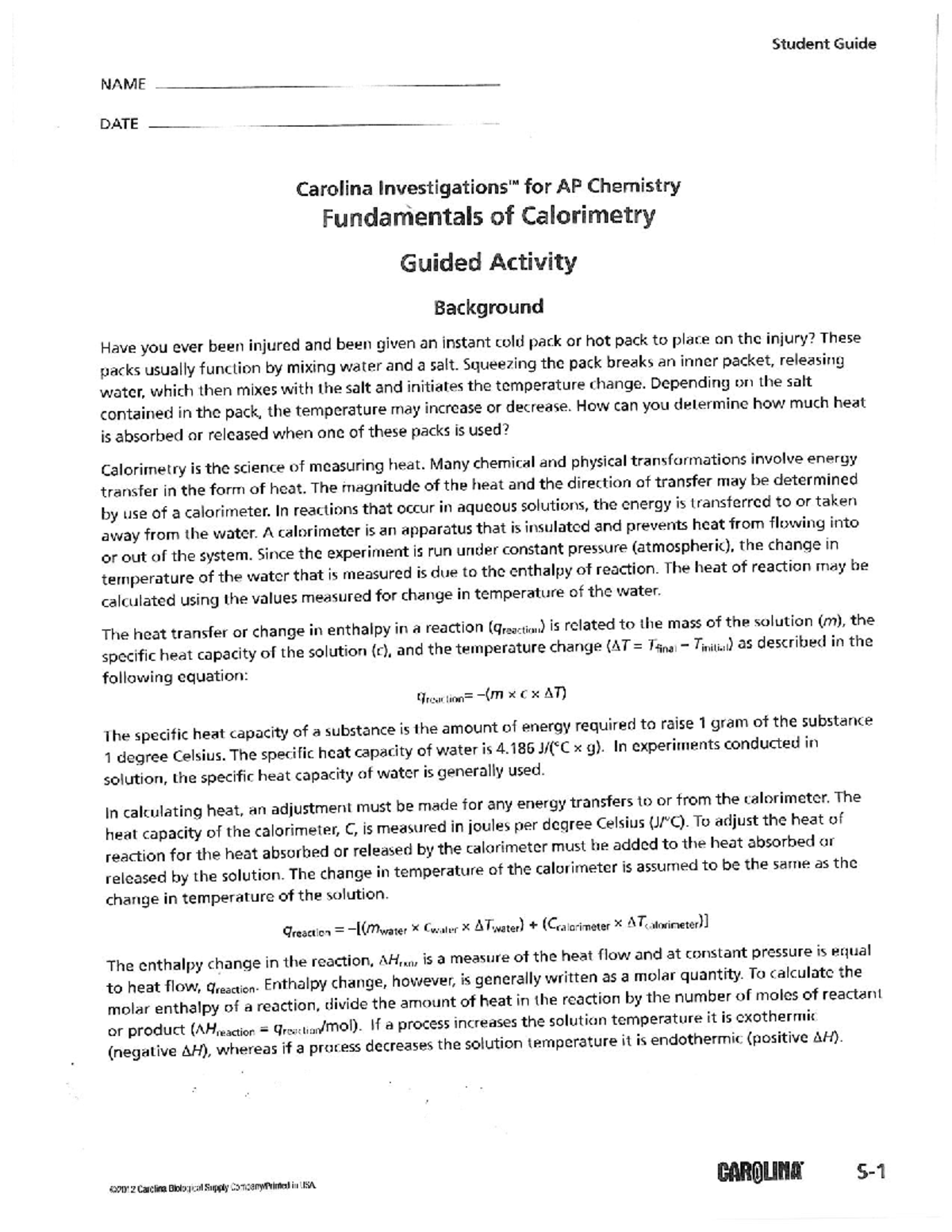 Thermo Lab - Student Guide NAME DATE Carolina for AP Chemistry ...