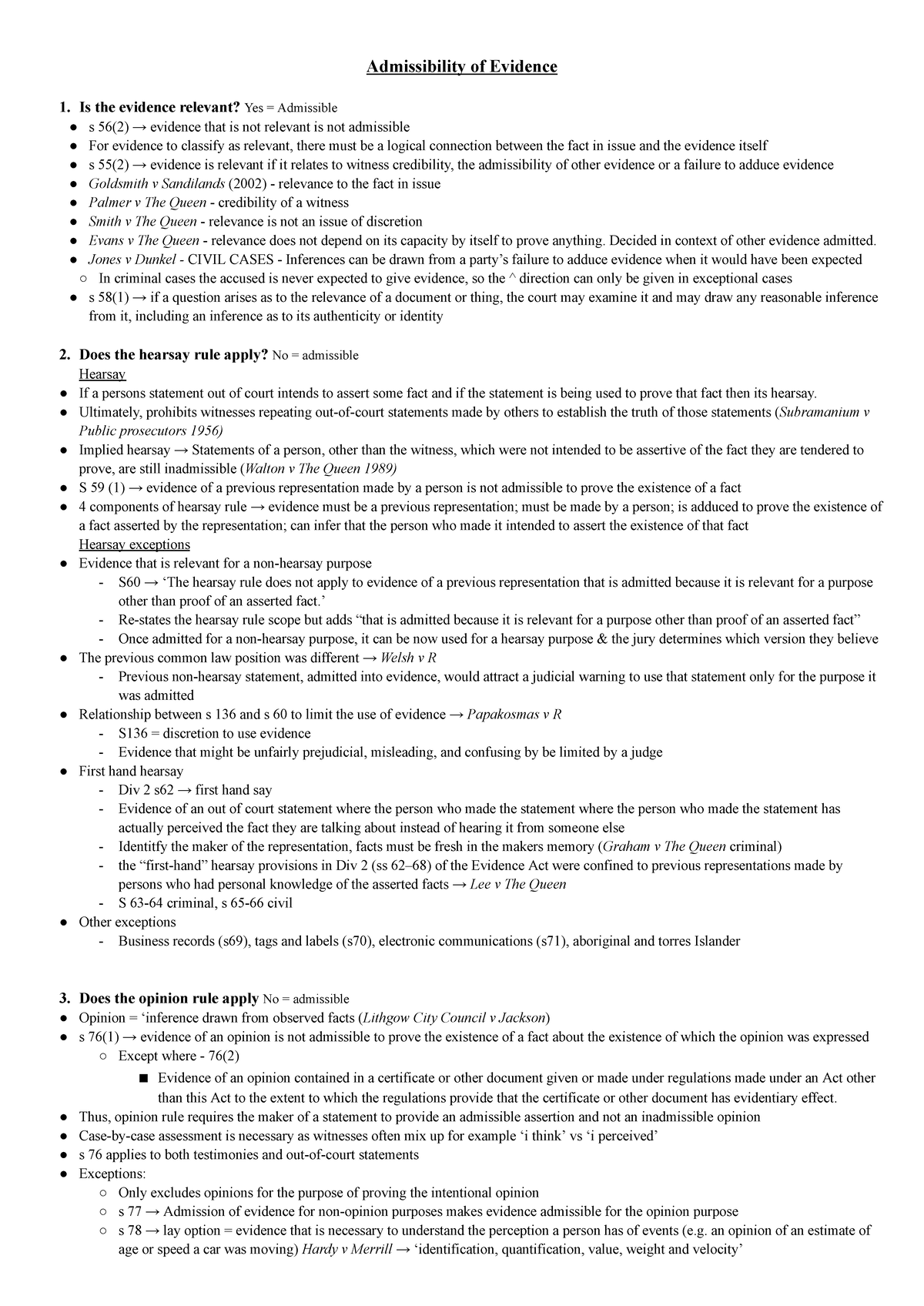 LAW313 Revision - Evidence flowchart - Admissibility of Evidence 1. Is ...