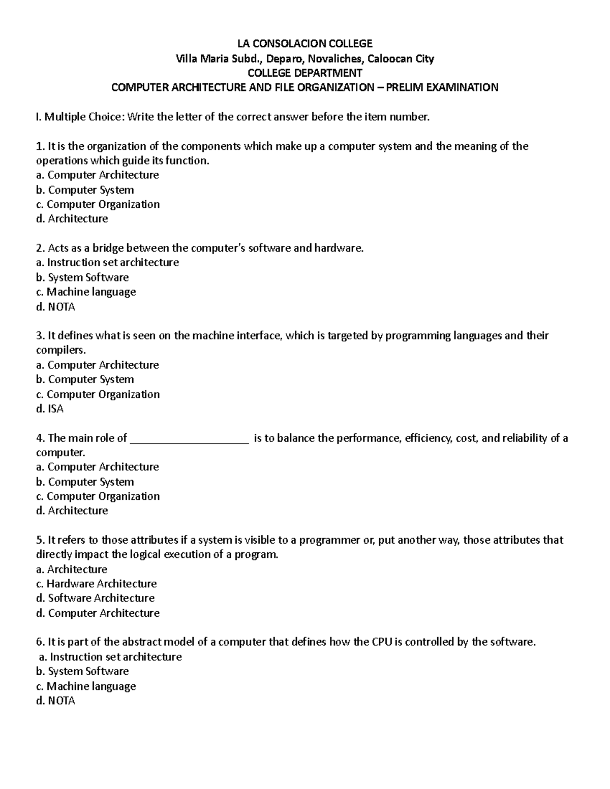 Prelim EXAM - Comuter Architechture AND FILE Organization - LA ...