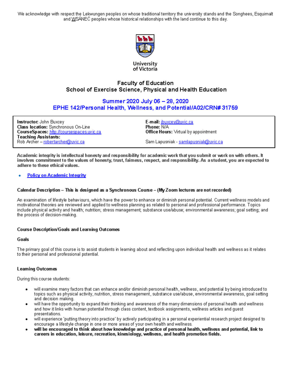 EPHE 142 Online Syllabus 2020 July - We acknowledge with respect the ...