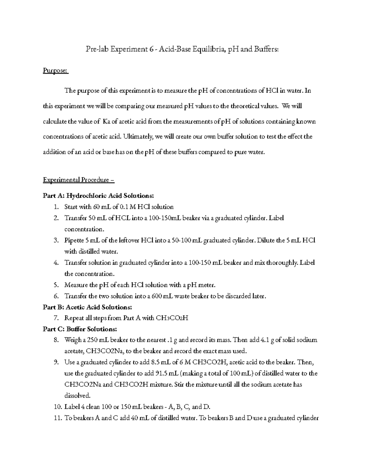 Pre-lab 6 Acid-Base Equilibrium - Pre-lab Experiment 6 - Acid-Base Equilibria, pH and Buffers ...