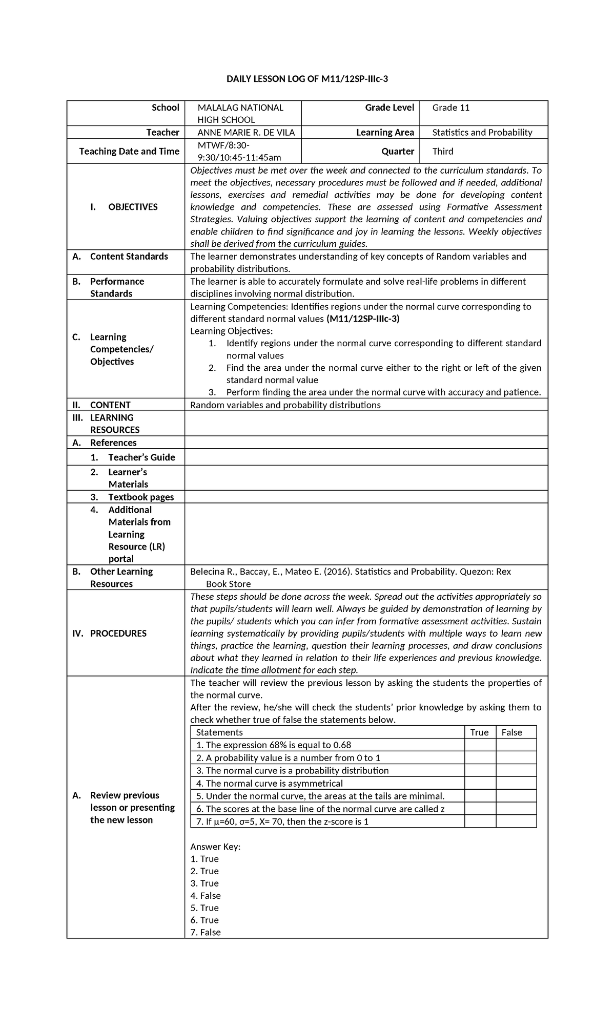 SP III-10 - DAILY LESSON LOG OF M11/12SP-IIIc- School MALALAG NATIONAL ...