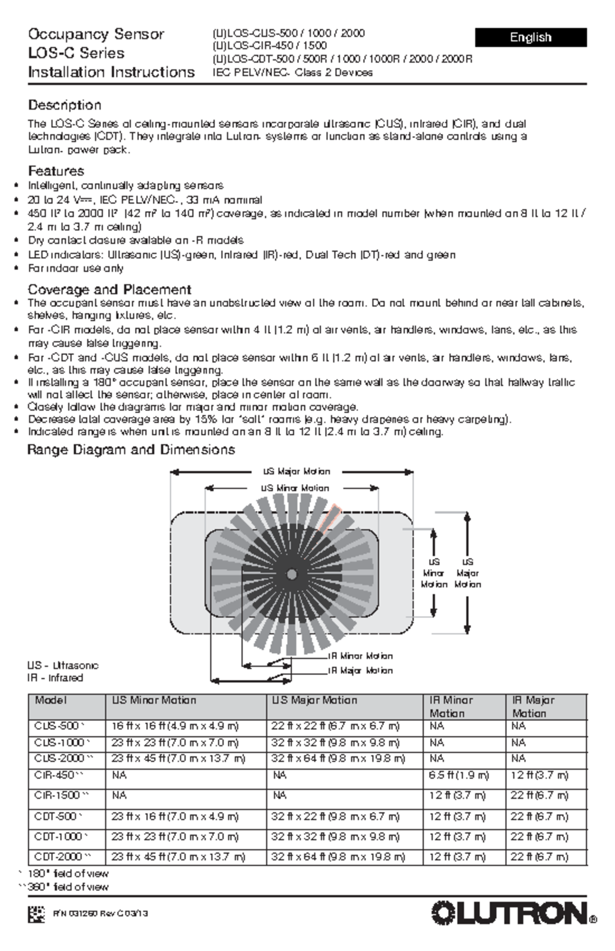 031260 a - English P/N 031260 Rev C 03/ * 180° field of view ** 360 ...