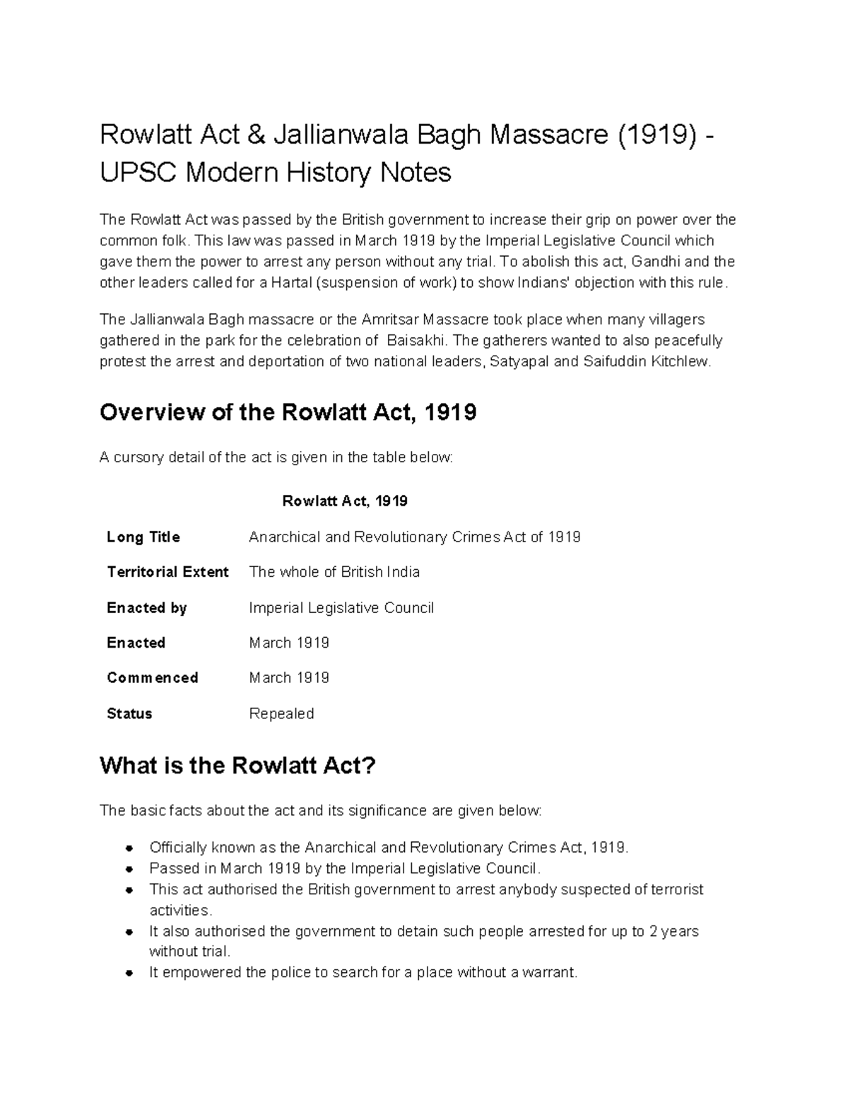 Rowlatt Act Jallianwala Bagh Massacre 1919 UPSC Modern History Notes ...
