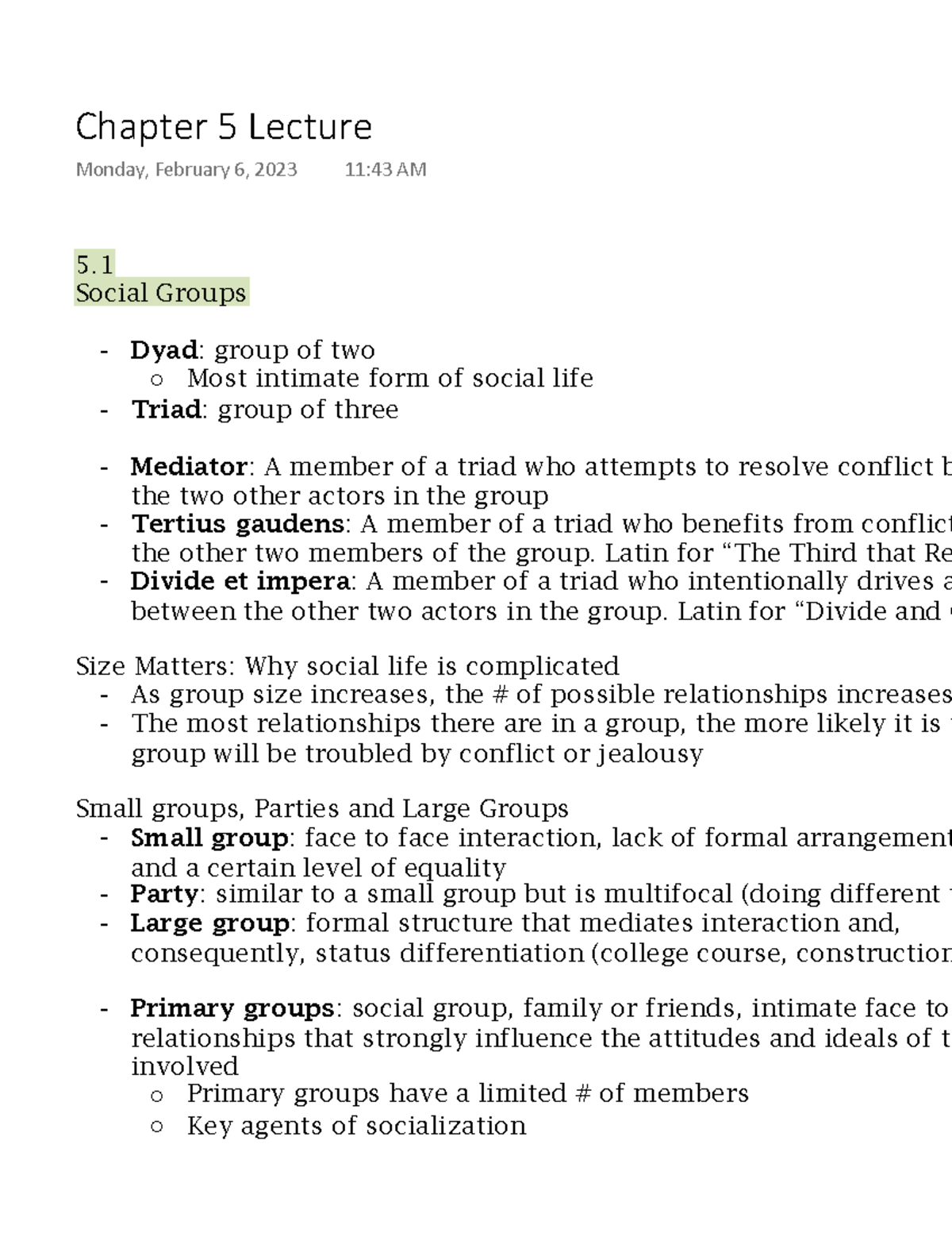 Chapter 5 Lecture - Dennis Bledsoe - 5. Social Groups Dyad: group of ...