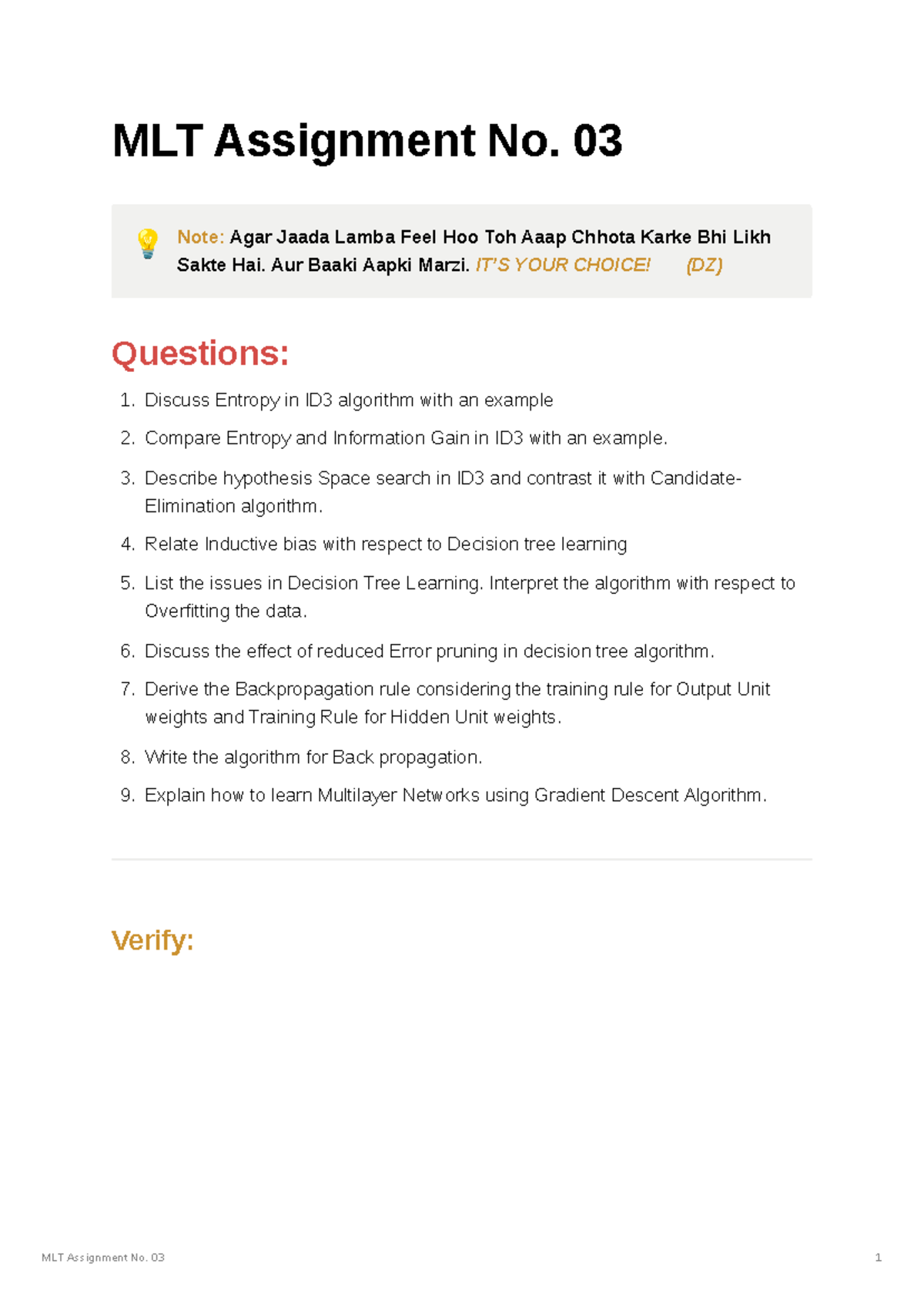MLT - Assignment No 03 (Answers) - MLT Assignment No. 03 💡 Note: Agar Jaada Lamba Feel Hoo Toh ...