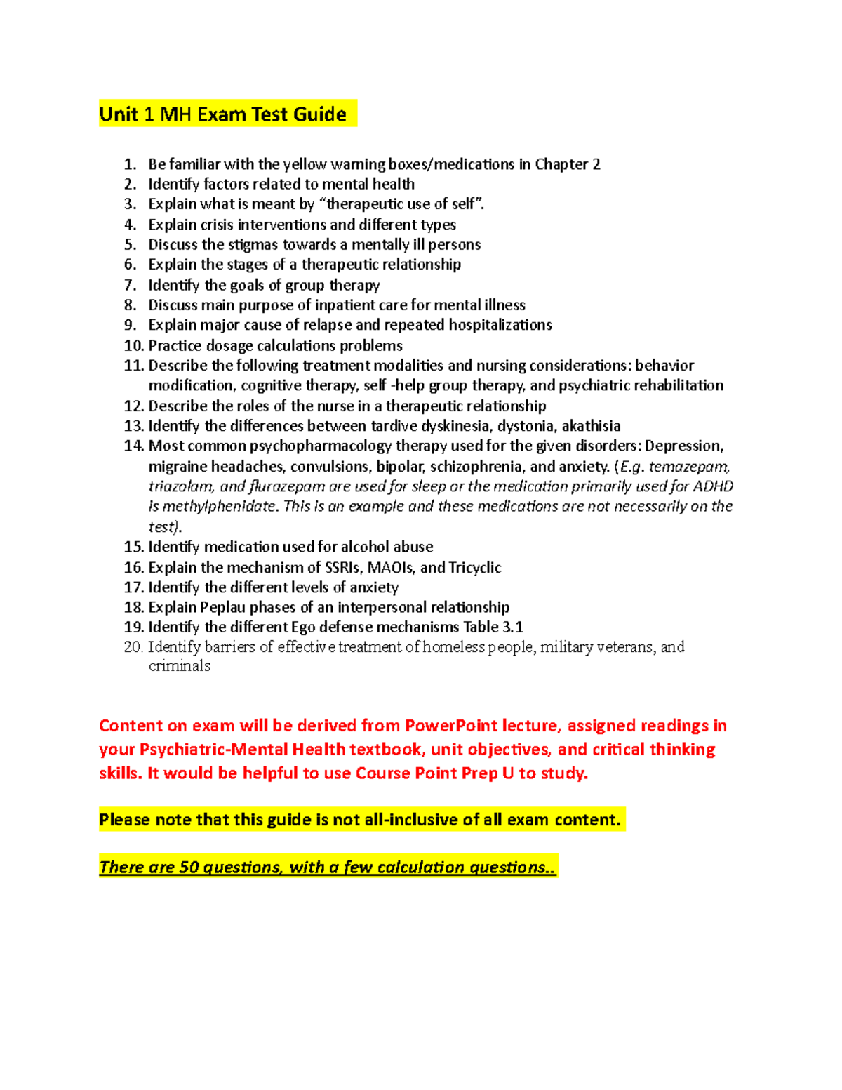 Mental Health Exam 1 Test Plan SP2021 - Unit 1 MH Exam Test Guide Be ...