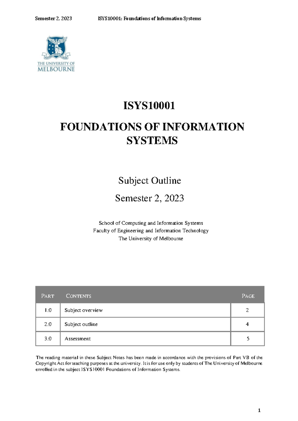 ISYS10001 Subject Overview S2-2023-1 - ISYS FOUNDATIONS OF INFORMATION SYSTEMS Subject Outline ...