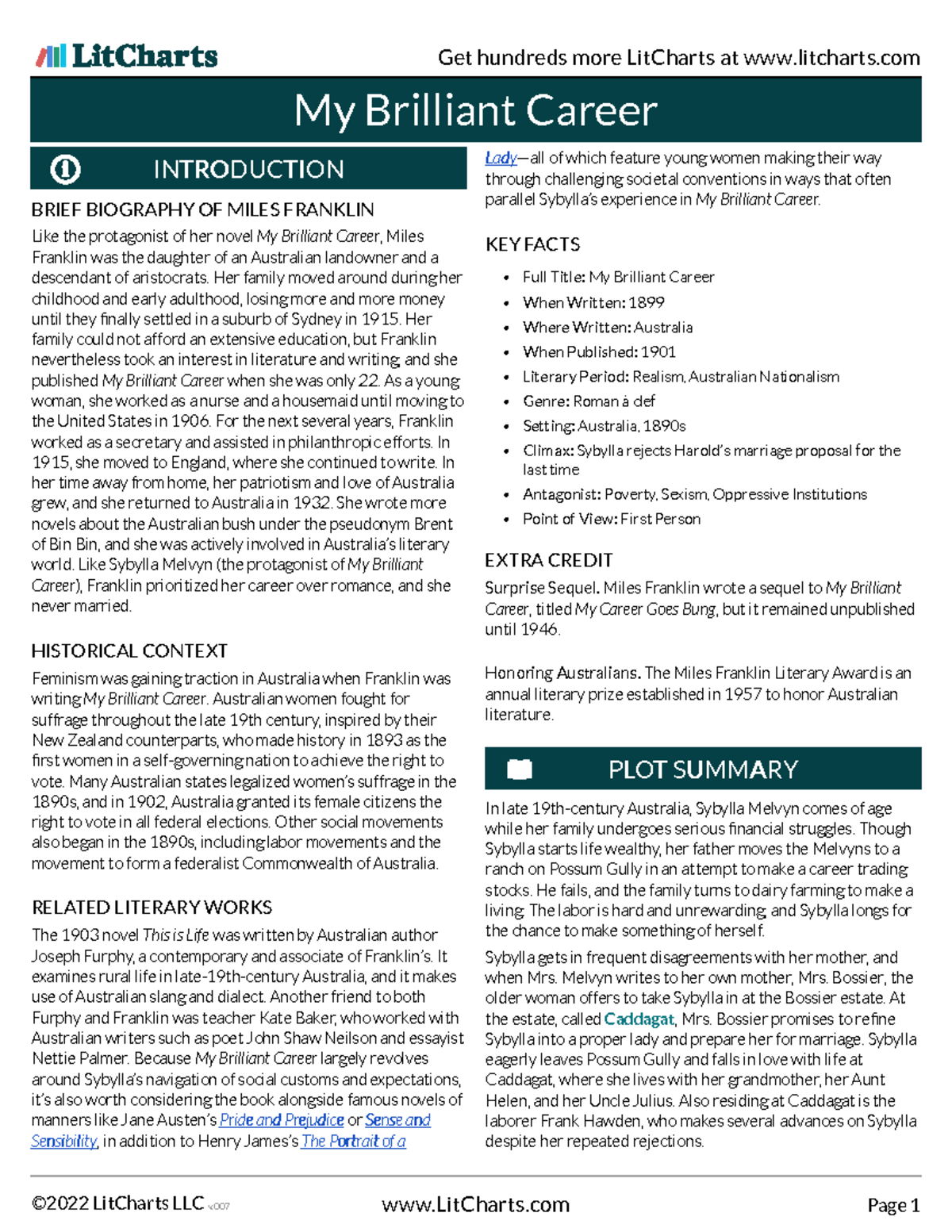My Brilliant Career Litcharts - My Brilliant Career BRIEF BIOGRAPHY OF ...