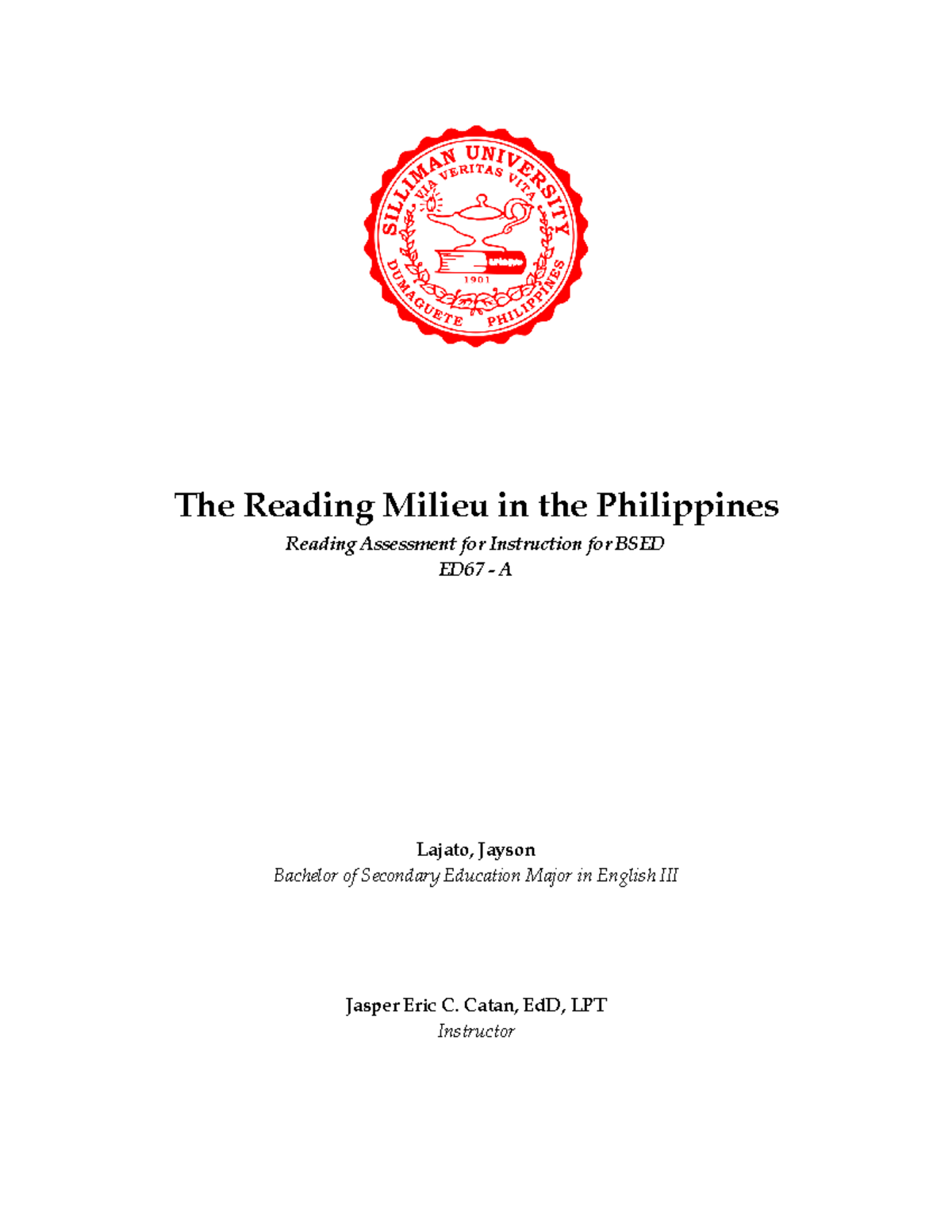 ED67-A Reading Milieu Lajato, Jayson J - The Reading Milieu in the ...