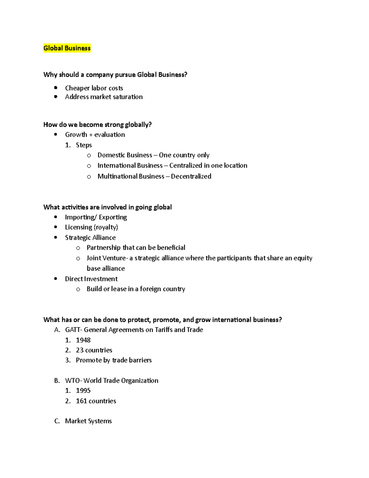 MGT 371- Chapter 5 Notes - Global Business Why should a company pursue ...