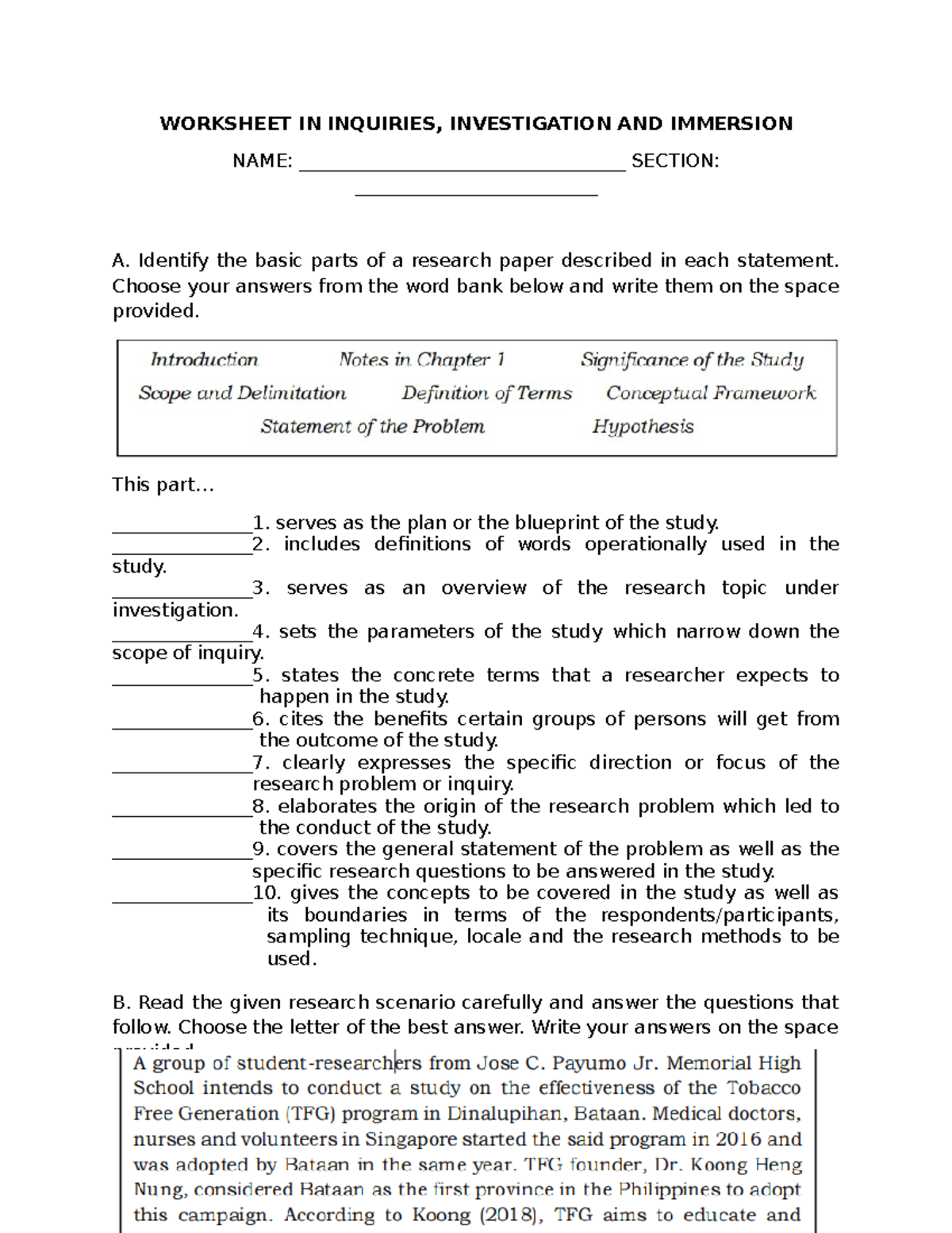 Worksheet IN Inquiries - WORKSHEET IN INQUIRIES, INVESTIGATION AND ...