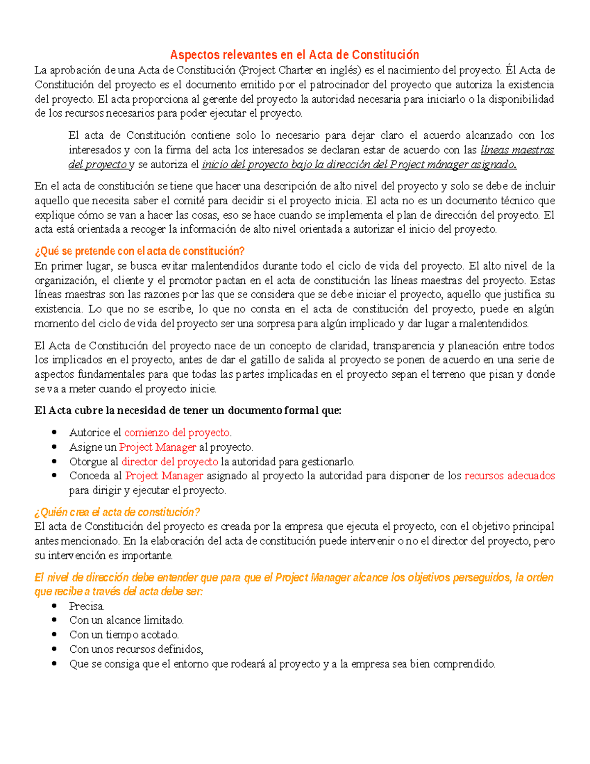 Aspectos relevantes en el Acta de Constitución Lean Six Sigma ...