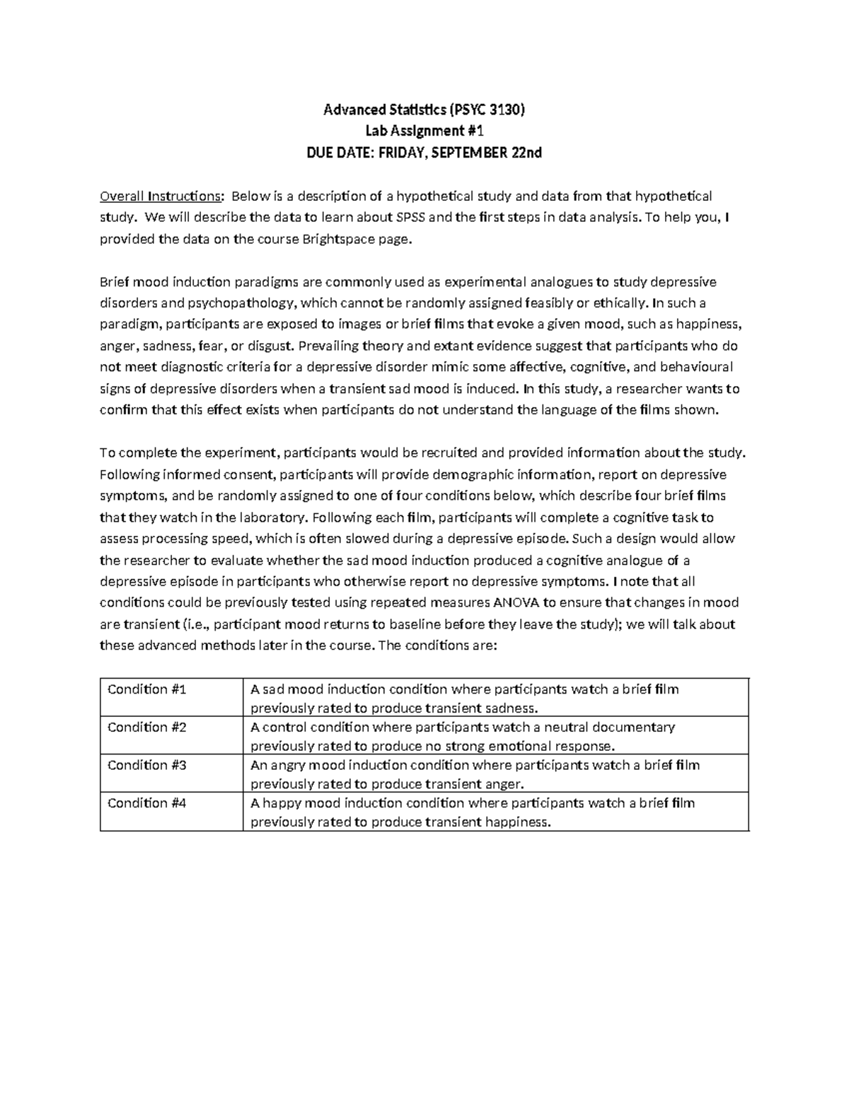 Lab Assignment 1 - Advanced Statistics (PSYC 3130) Lab Assignment DUE DATE: FRIDAY, SEPTEMBER ...