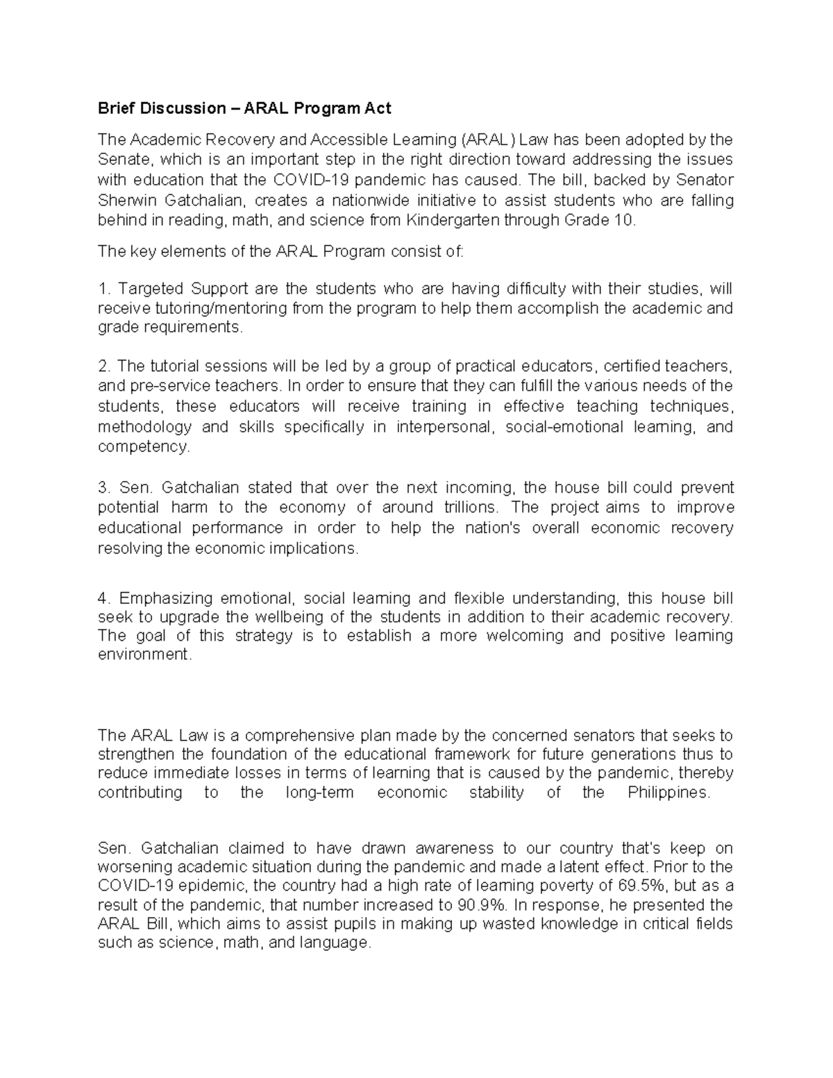 Brief Discussion - nahh - Brief Discussion – ARAL Program Act The ...