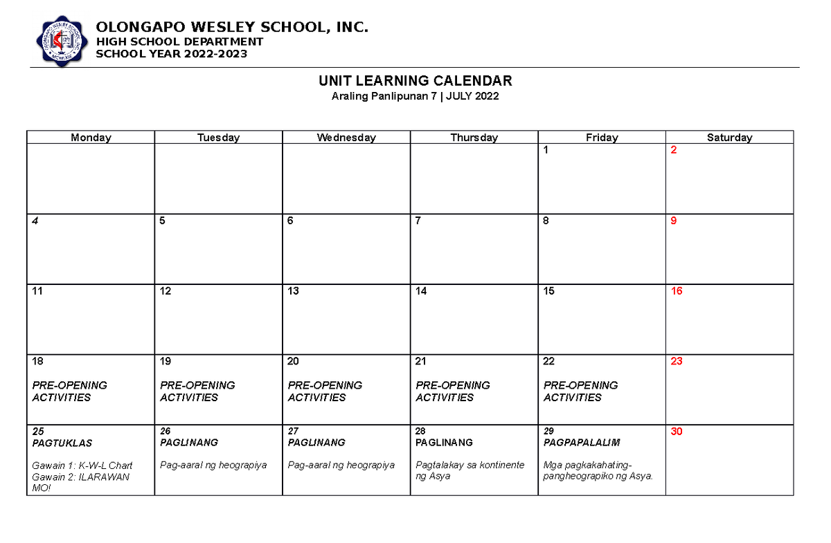 AP7-Q1-Learning Calendar - OLONGAPO WESLEY SCHOOL, INC. HIGH SCHOOL ...