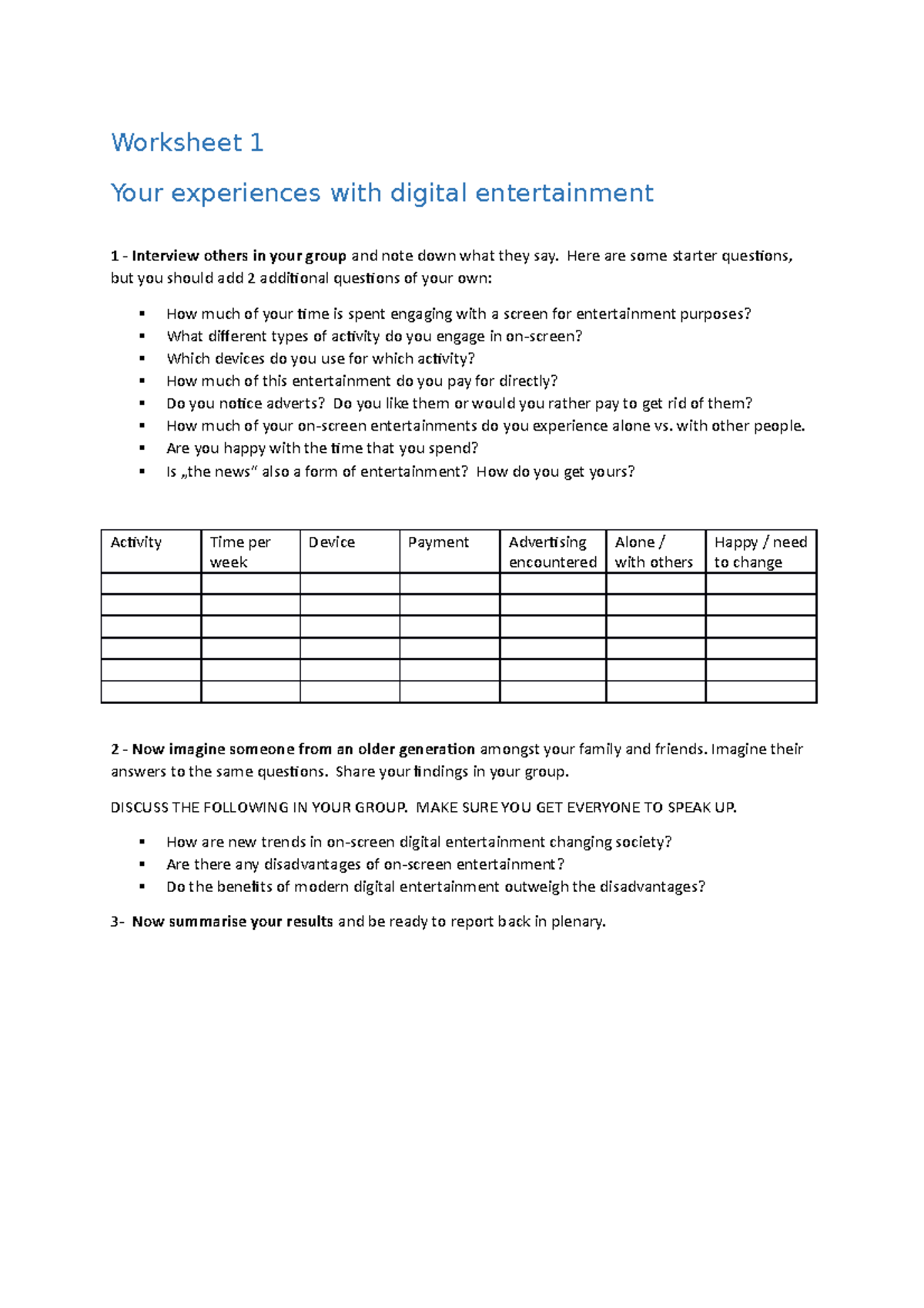 Worksheet 1 - Your Experiences with Digital Entertainment - Worksheet 1 ...