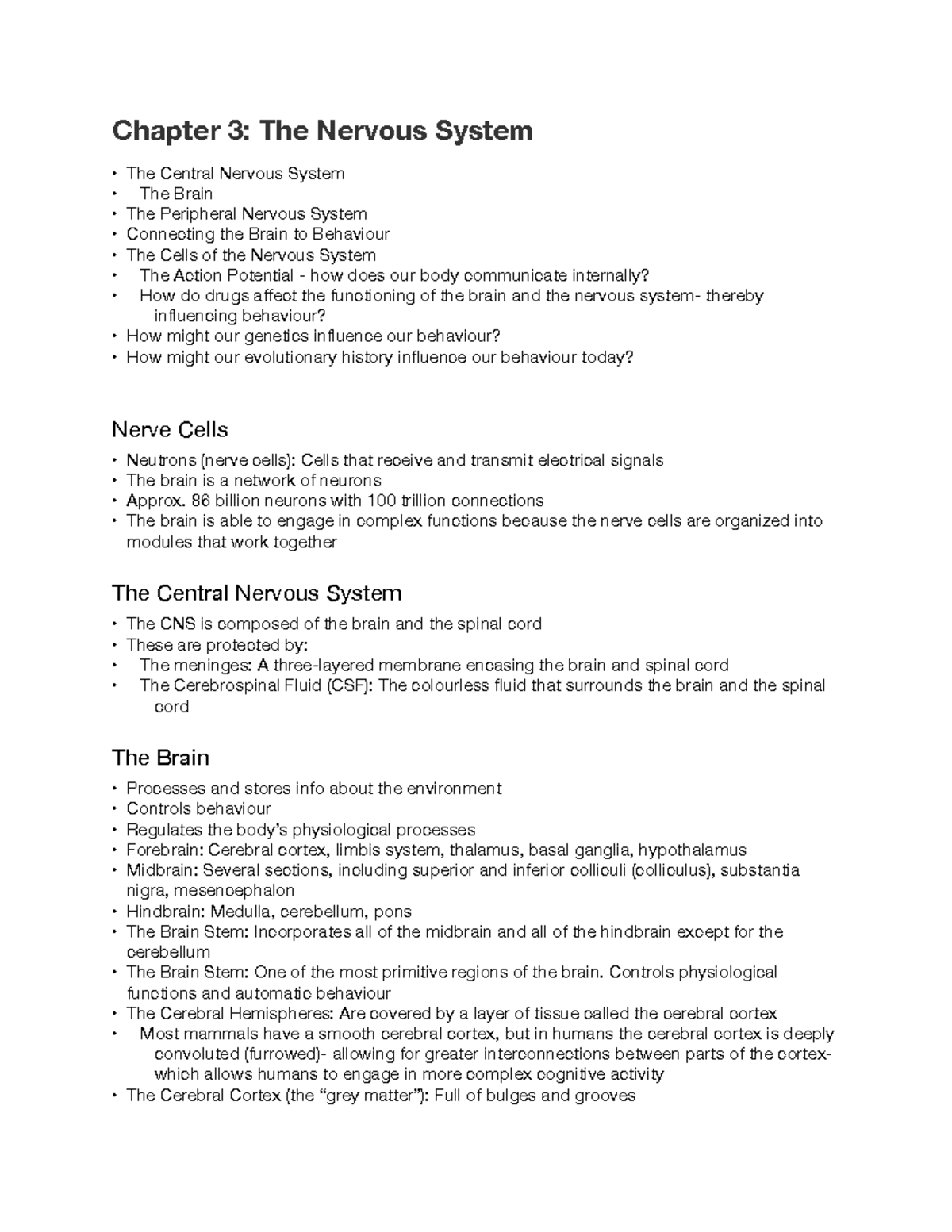 PSYC1001 Chapter 3 - Chapter 3: The Nervous System The Central Nervous ...