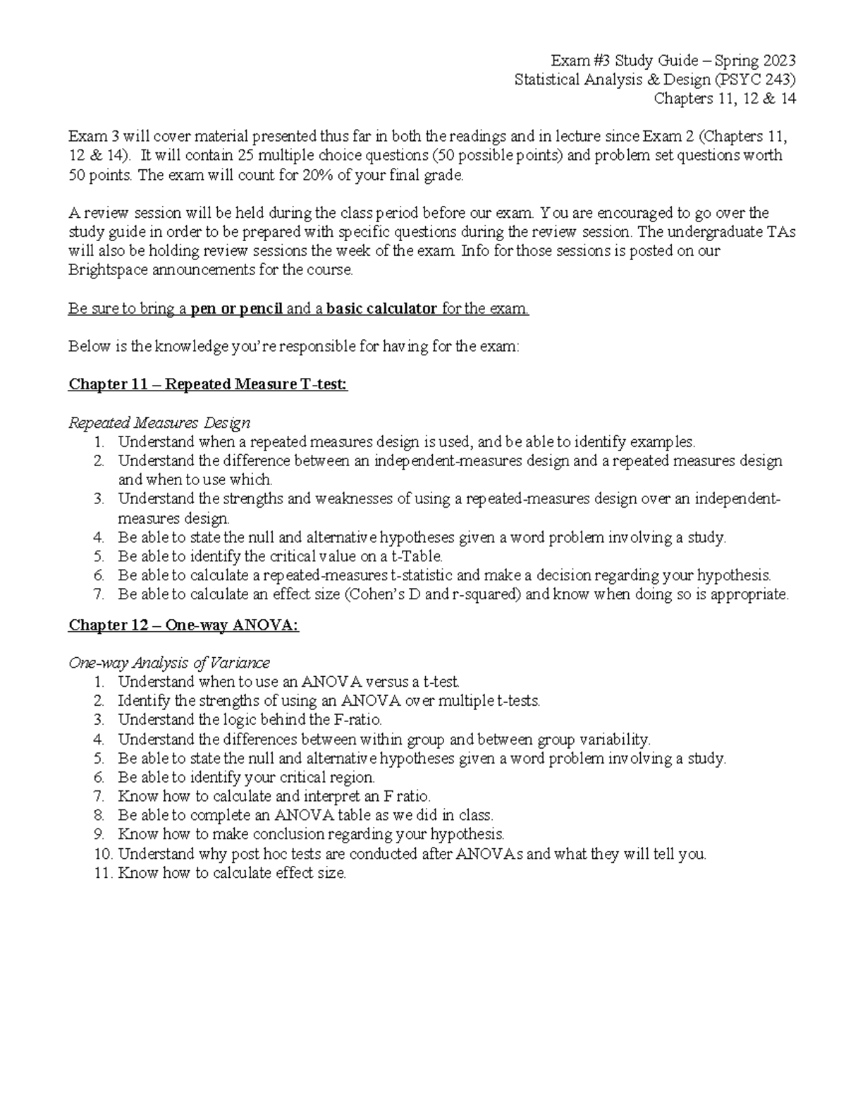 Study Guide Stats Exam 3 V3 - Statistical Analysis & Design (PSYC 243 ...